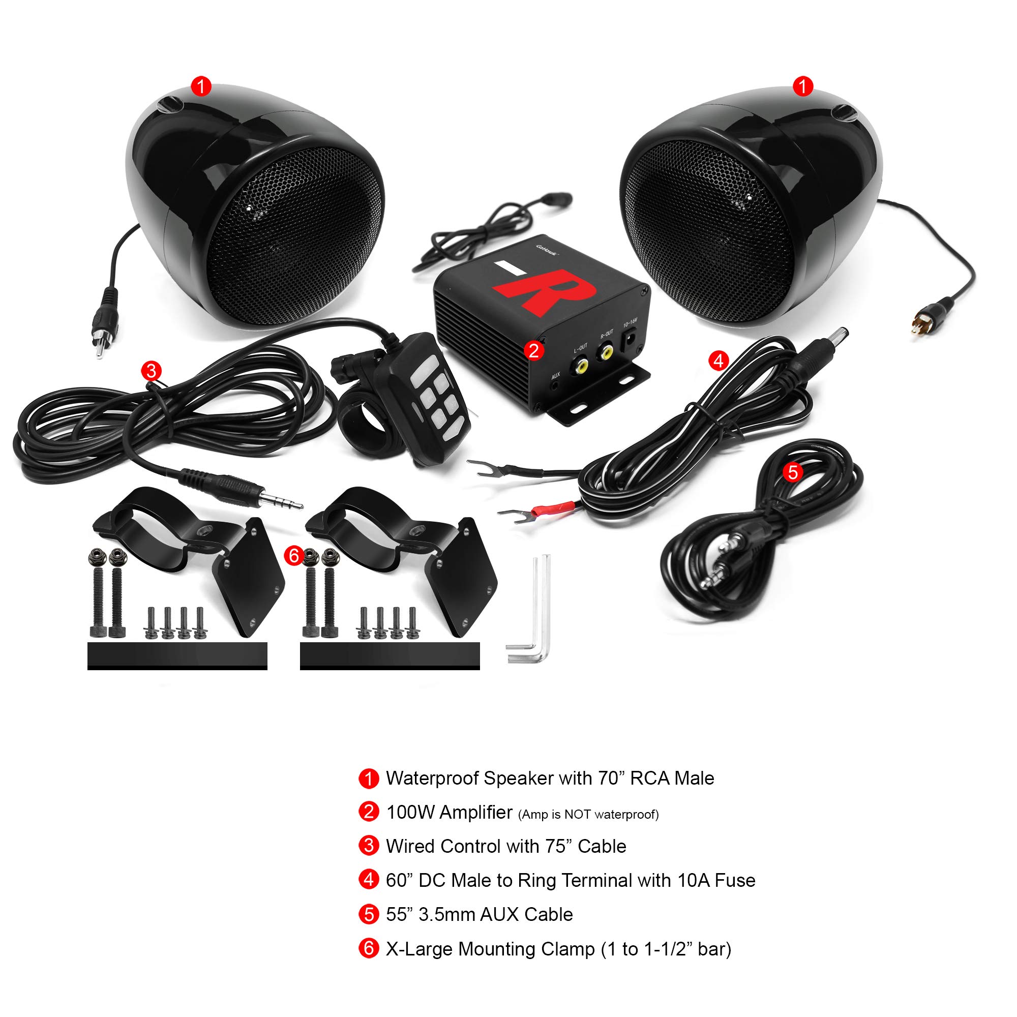 GoHawk TN4-R Amplifier 4" Full Range Waterproof Bluetooth Motorcycle Stereo Speakers 1 to 1.5 in. Handlebar Mount Audio Amp System Harley Touring Cruiser ATV UTV RZR, AUX, FM Radio