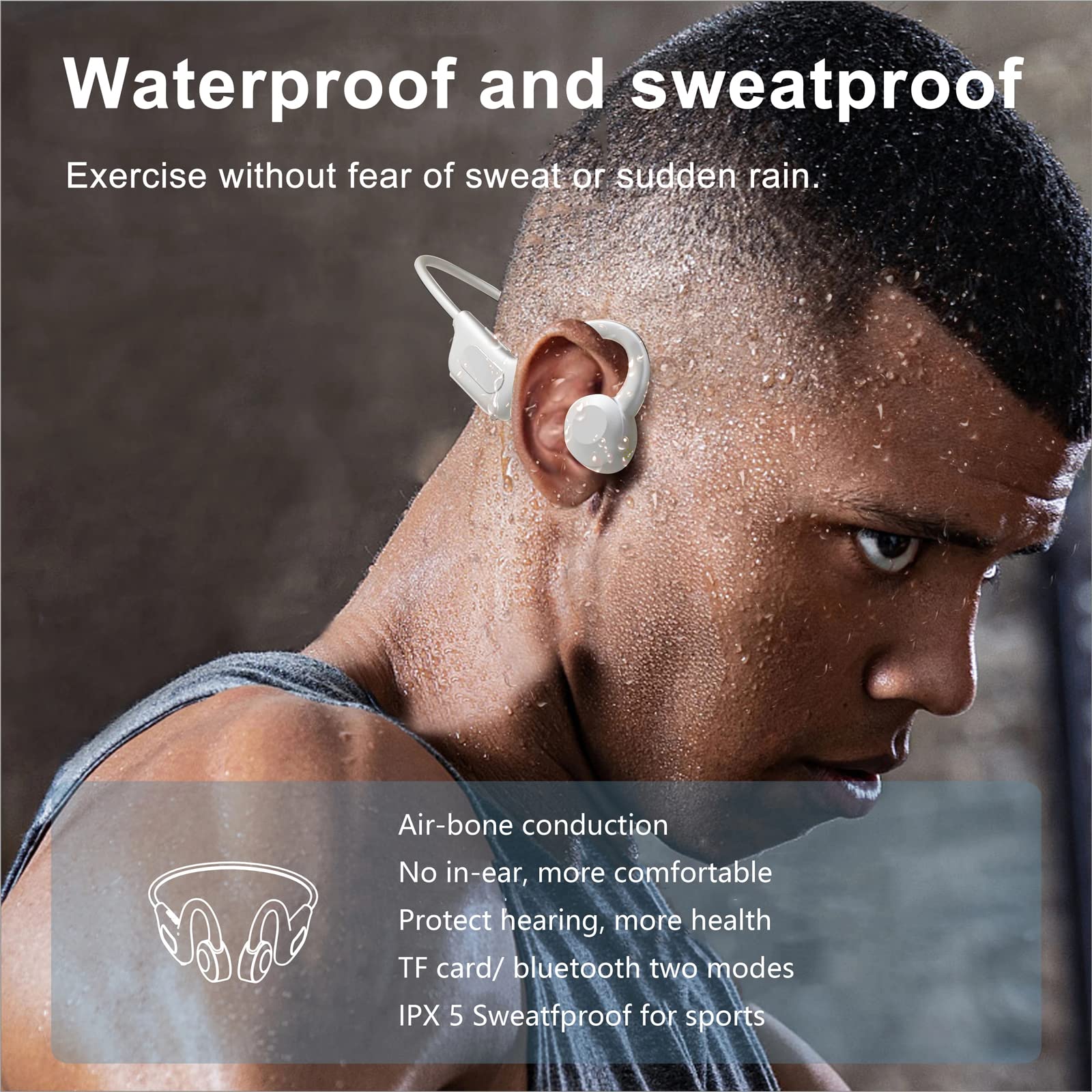Bone Conduction Headphones Open Ear Bluetooth Wireless Sports Earbuds with Microphone Memory Card Waterproof Noise Cancelling Long Battery Life Headset Over Ear for Android iOS Running Workout Cycling