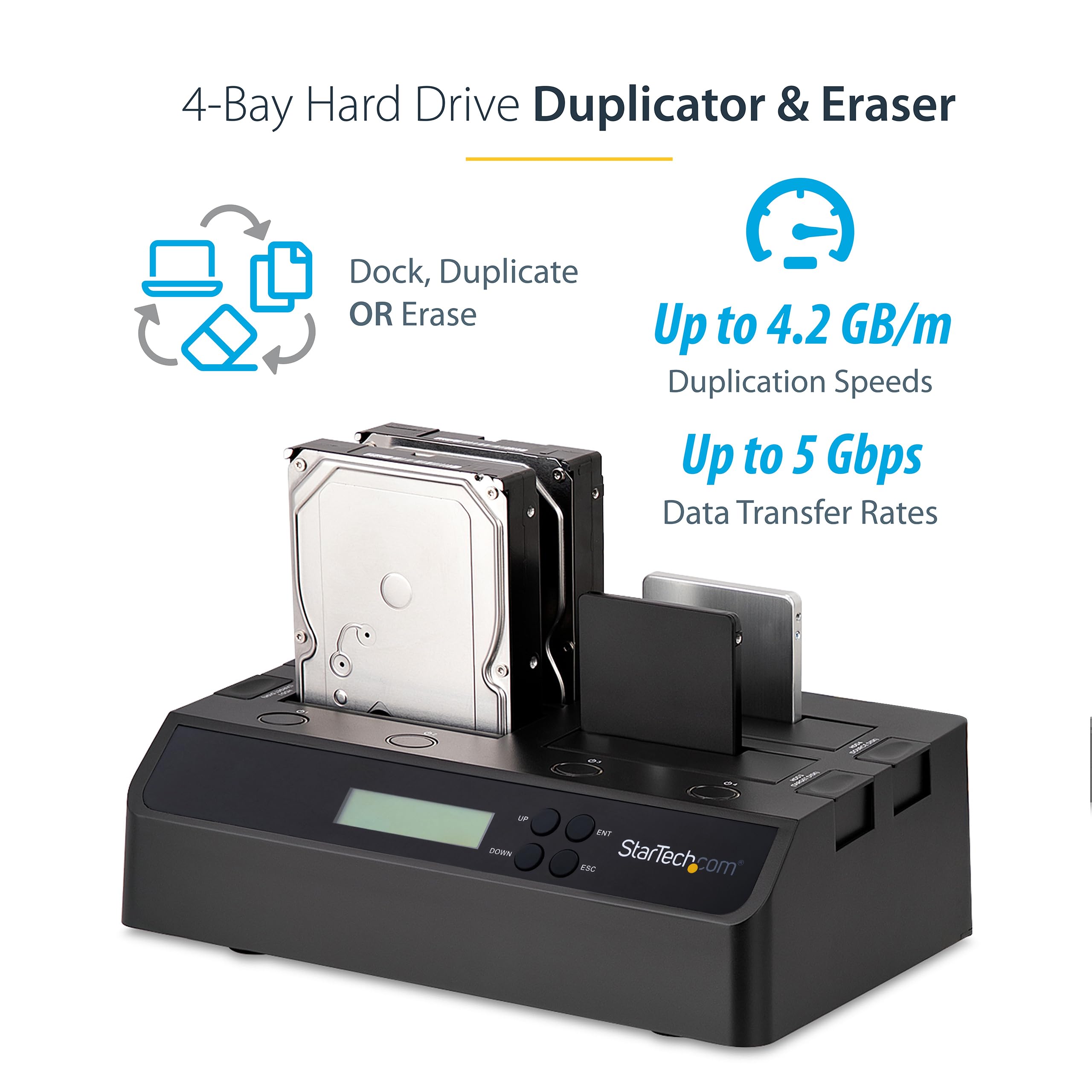 StarTech.com Dual Bay Hard Drive Duplicator and Eraser, External Standalone HDD/SSD Cloner / Copier, USB 3.0 to SATA Docking Station, Hard Disk Copier / Sanitizer / Wiper Tool (SATDOCK2REU3),Black