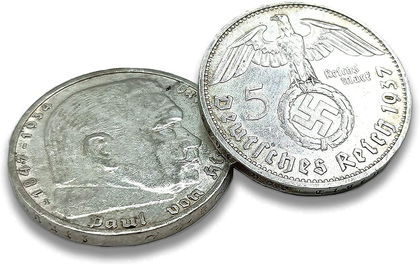 Authentic WW2 Memorabilia World Currency - One Nazi Coin of 5 German Marks Issued from 1936 to 1939 from The World War 2 - Third Reich