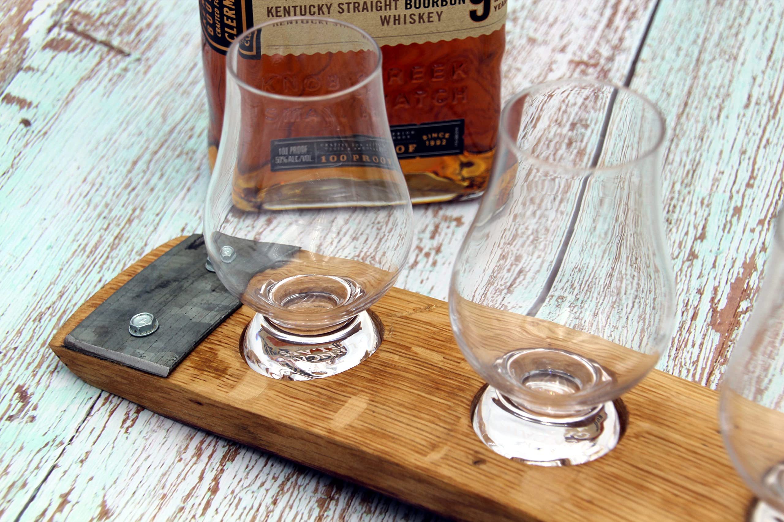 Barrel-Art Premium 4 Glass Whiskey Flight/Natural (light Oak)/ Crystal Glasses