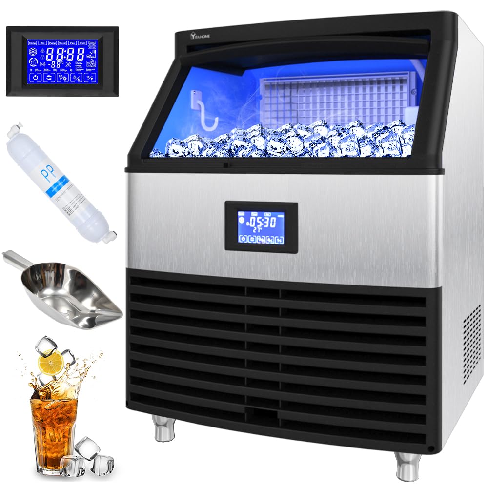 YITAHOME Upgraded Commercial Ice Maker Machine 350lbs/24h with 100lbs Storage Bin, Stainless Steel Ice Scoop, Blue Light, Freestanding Ice Machine for Home, Restaurants, Bars