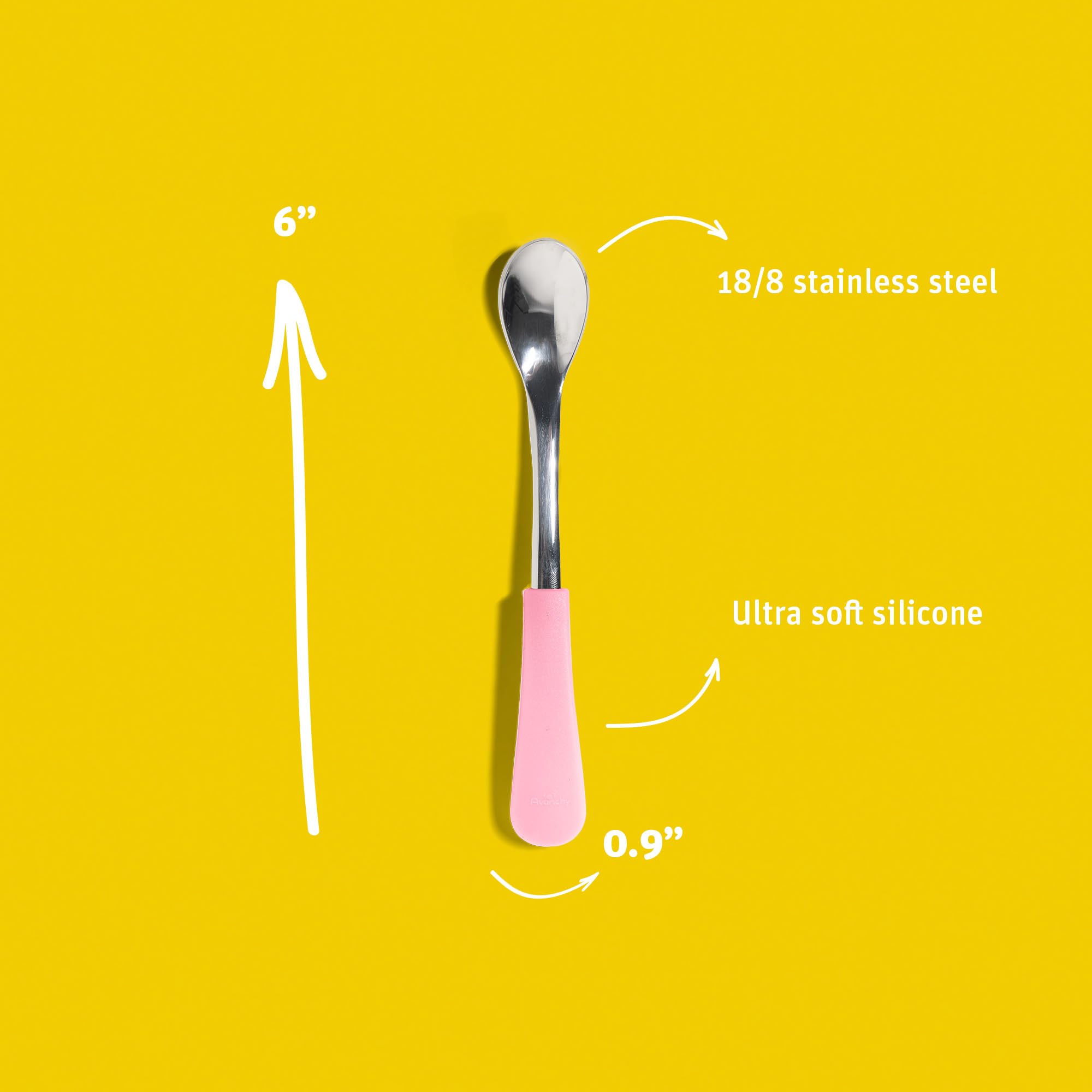 Avanchy Infant Baby Spoons Stainless Steel and Silicone Set, Self Feeding Food Utensils, 4 Months Baby Led Weaning, 2 Pack, Pink