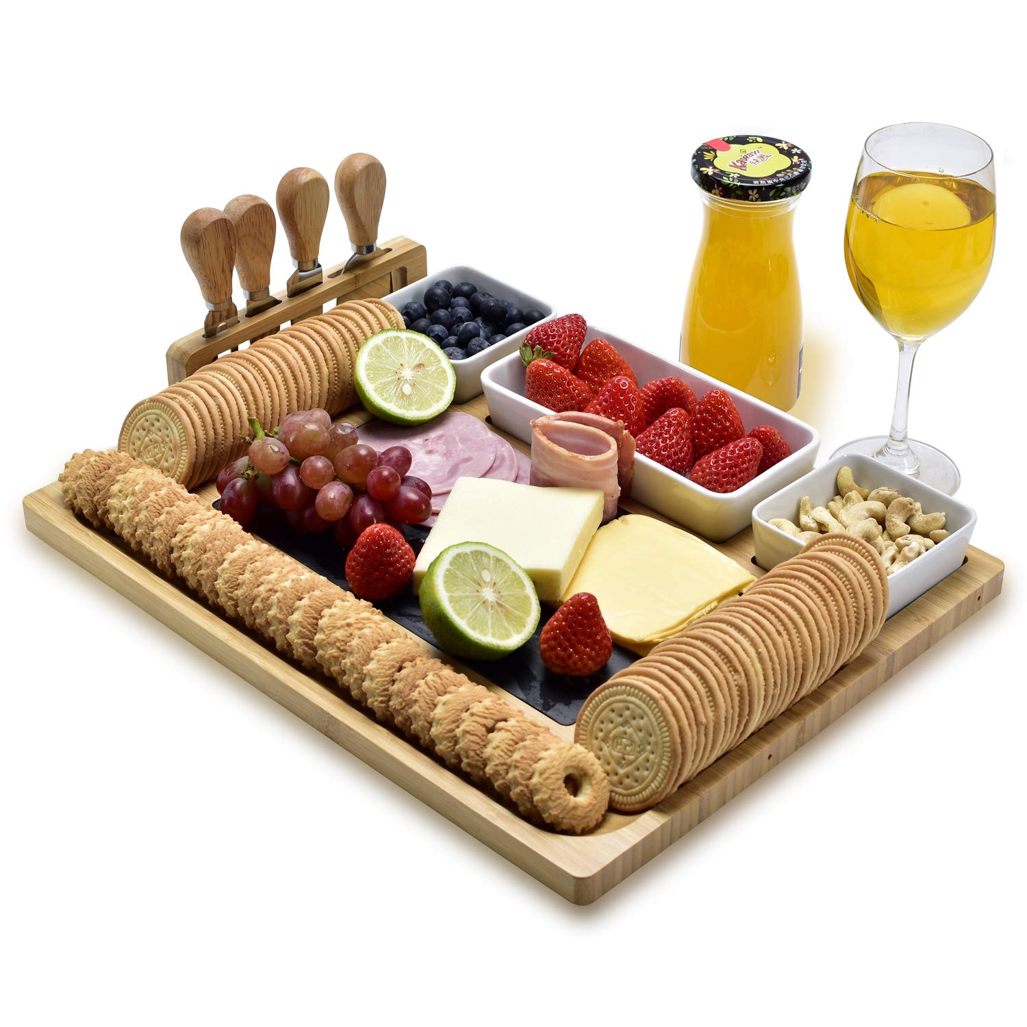 Bamboo cheese board and cheese knife set: large specialty dish board set and cheese platter - unique family warm keeping gift, new home, wedding anniversary and wedding gift, bride shower gift