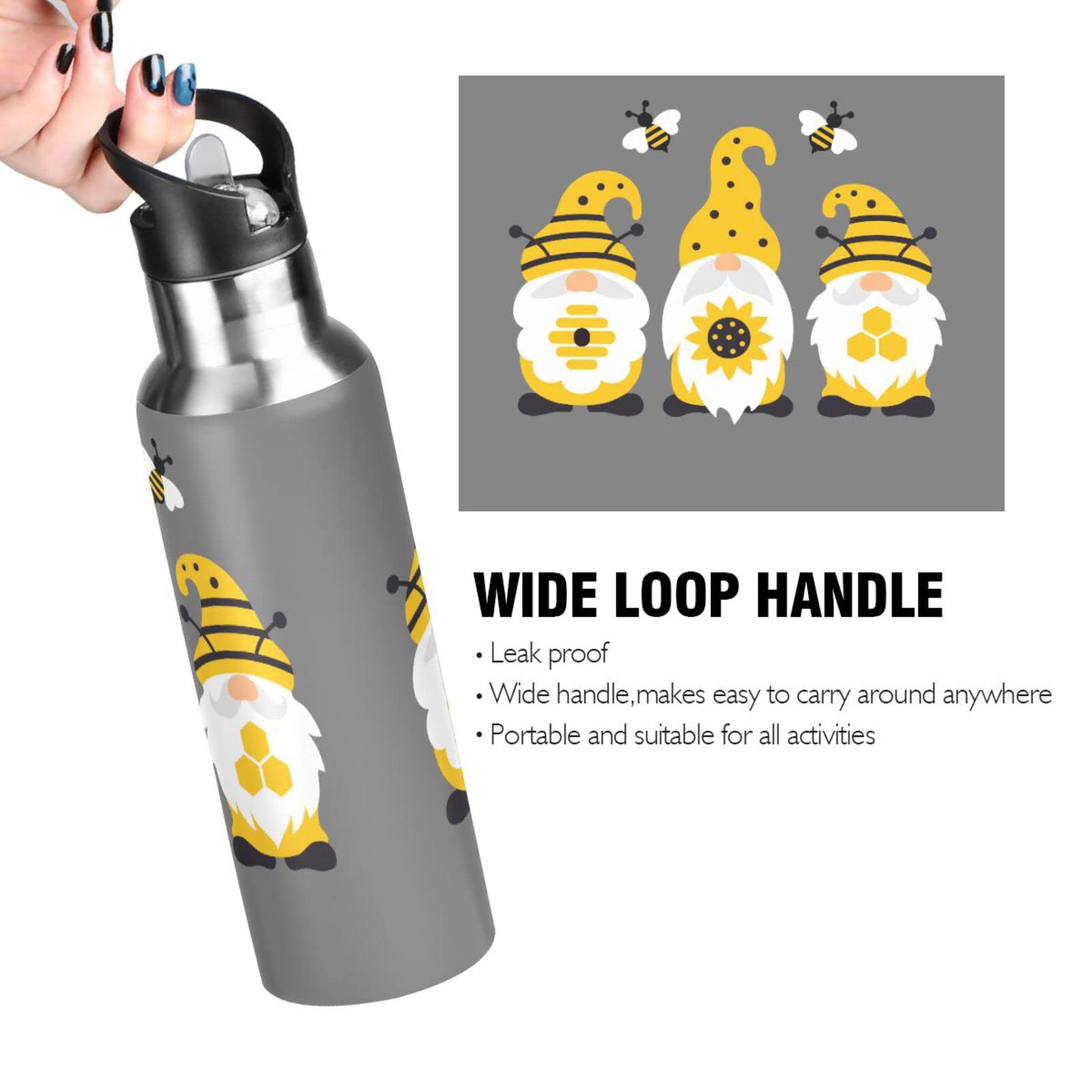 Bee Gnomes Leak Free Insulated Bottles with Handle 32 oz Vaccuum Bottle with Straw Lid Thermal Bottle for Hiking Camping Cycling BAP-Free