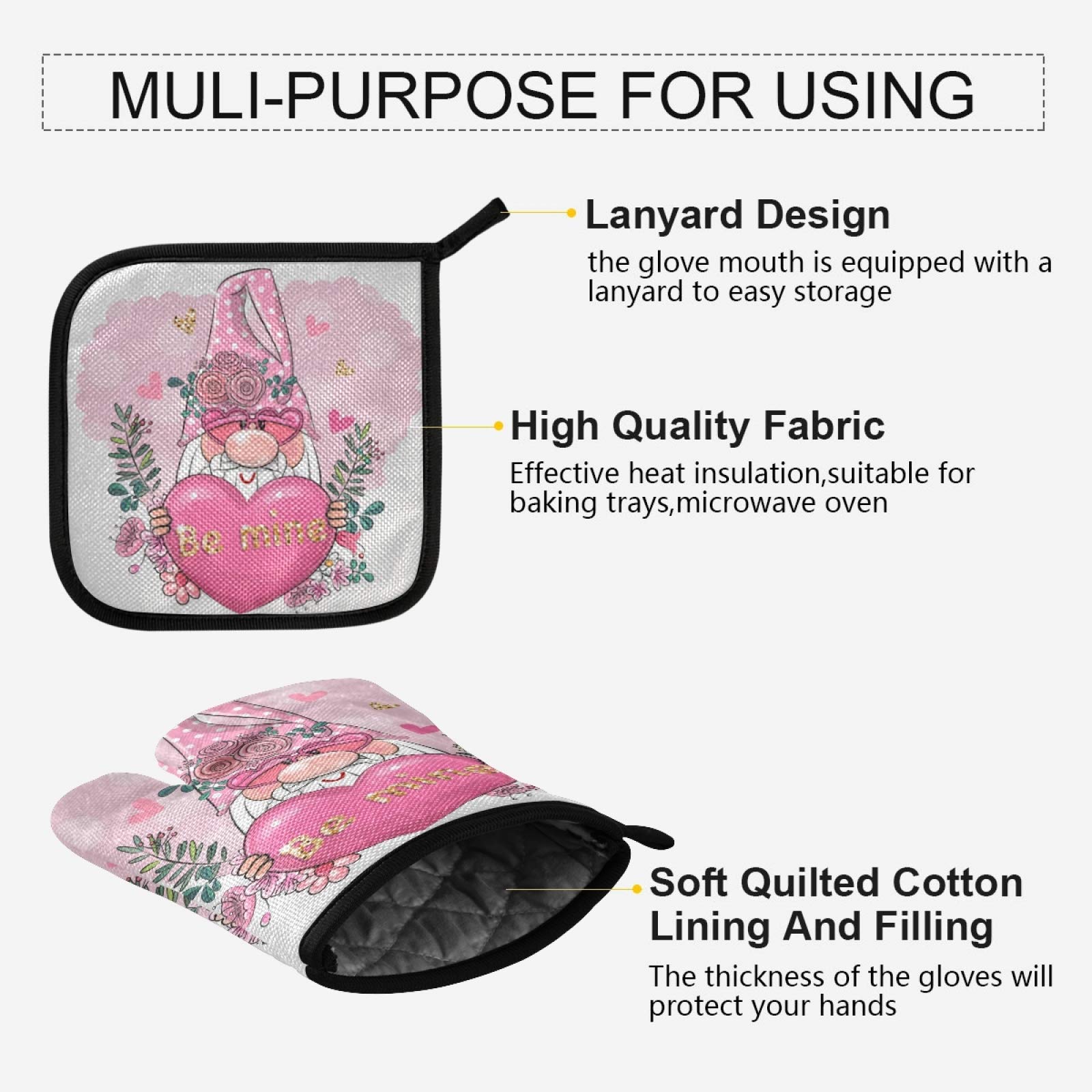 Be Mine Gnome Oven Mitts & Pot Holders 2pcs Happy Valentine's Day Kitchen Heat Resistant Non-Slip Potholders Set for Cooking Baking BBQ,Wedding Gifts