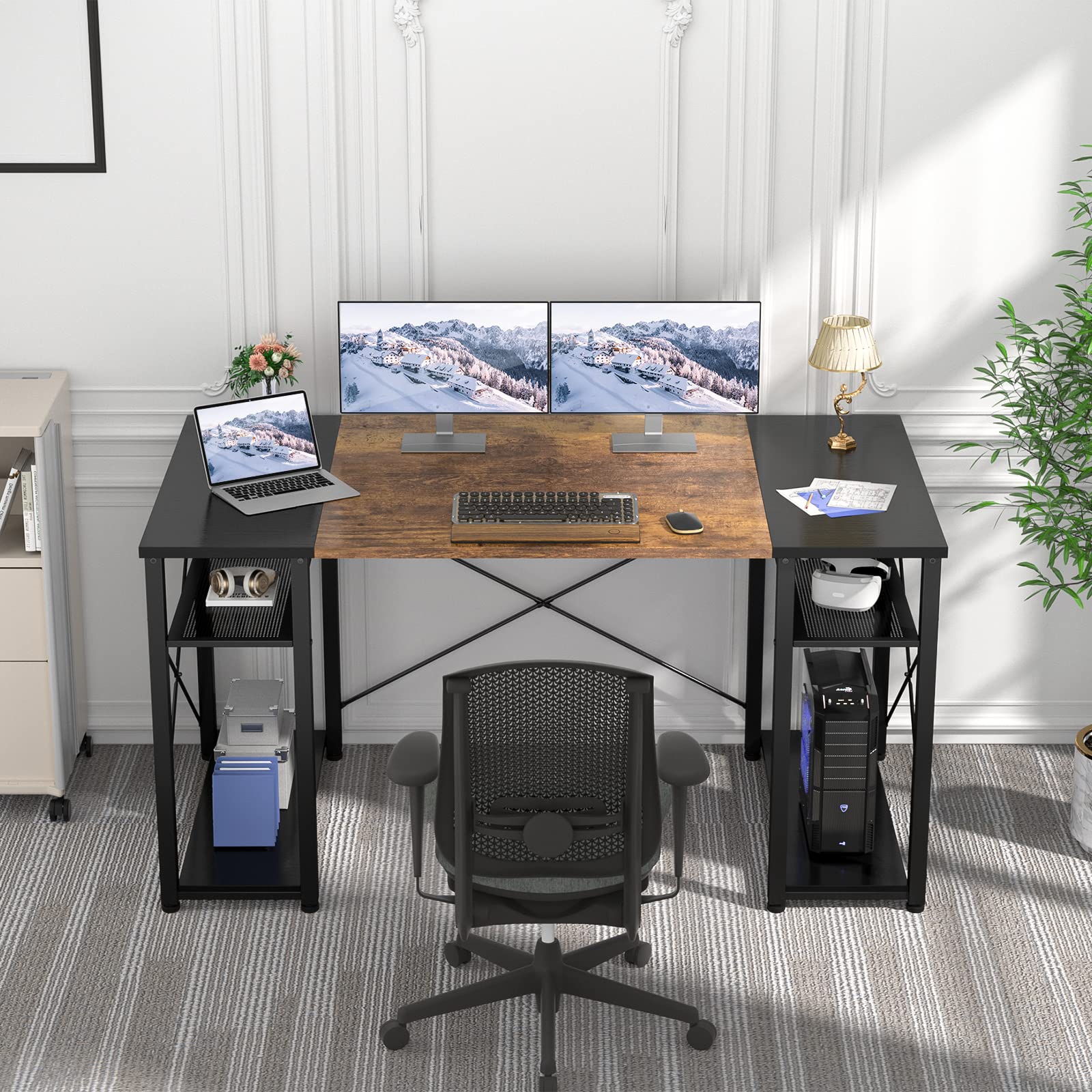 Ecoprsio 55 Inch Computer Desk, Large Office Desk with 4 Storage Shelves, 55'' Study Writing Table with CPU Stand, Sturdy PC Desk for Home Office, Bedroom, Gaming Room, Rustic and Black