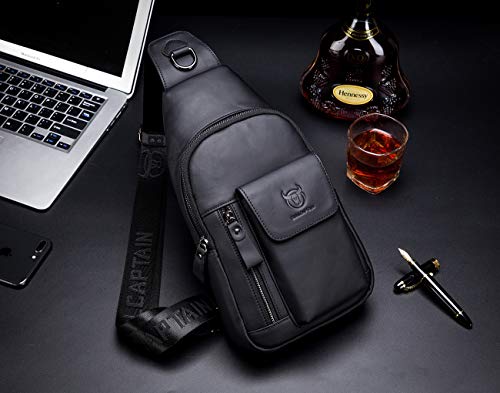 BULLCAPTAIN Genuine Leather Men Sling Bag Travel Crossbody Chest Bag Large Capacity Casual Hiking Daypack (Black)