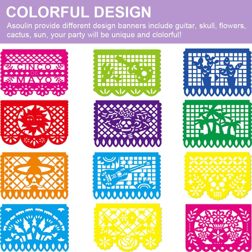 Asoulin 6 PCS 90 Ft Fiesta Party Decorations Mexican Party Banners, Cinco De Mayo Mexico Decor Easter Banner, Plastic Papel Picado, Dia De Los Muertos, Day of The Dead Decor, 12 Patterns/90 Feet Total
