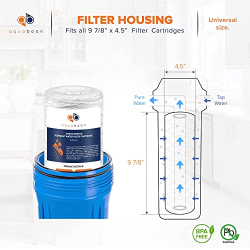 Aquaboon 4.5β x 10" Whole House Water Filter System with Pressure Release (1" Port) & Aquaboon 5 Micron 10" String Wound Sediment Water Filter Cartridge