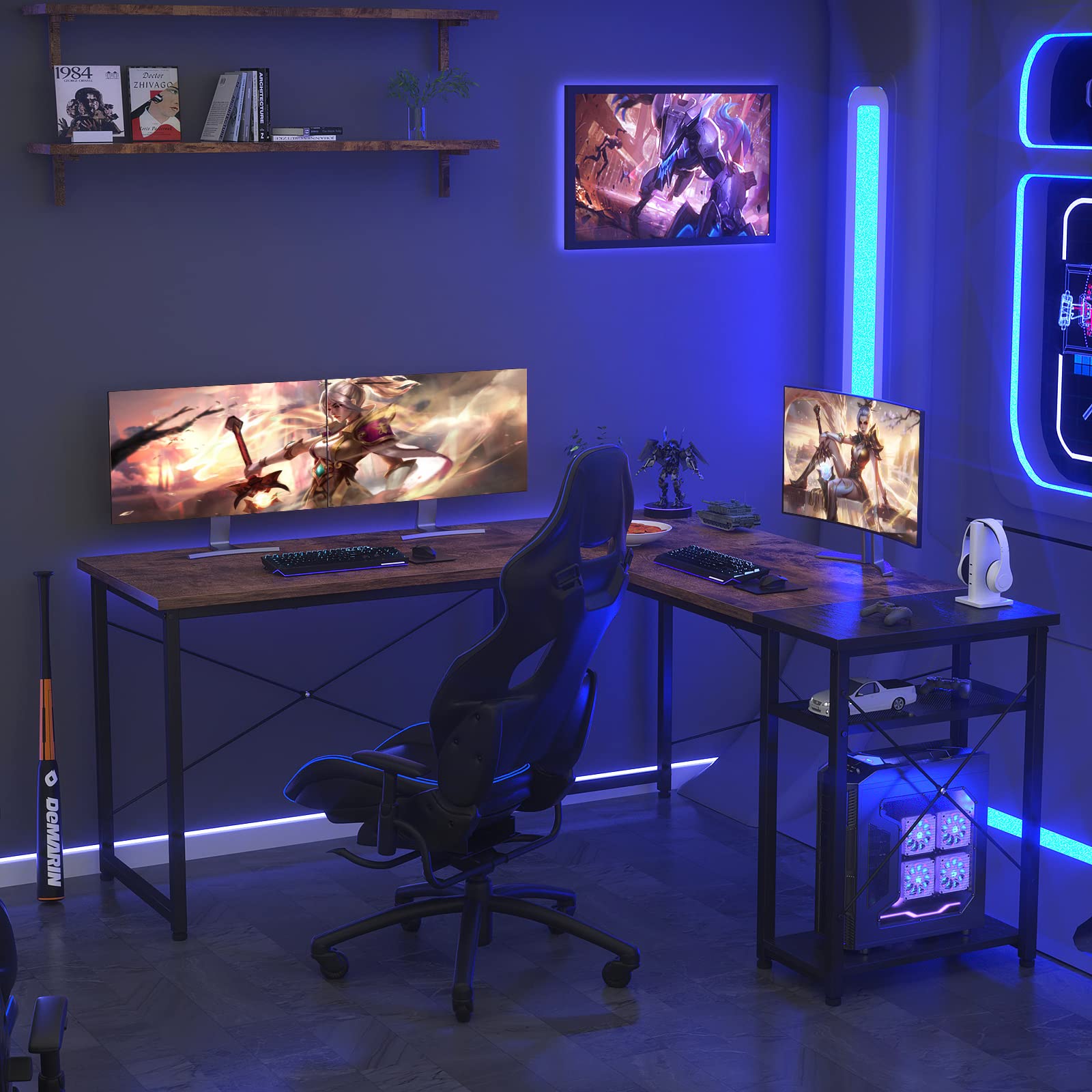 Ecoprsio L-Shaped Desk Large L Shaped Gaming Desk with Storage Shelves Industrial Corner Desk Writing Study Table for Home Office Gaming Workstation, Rustic Brown and Black