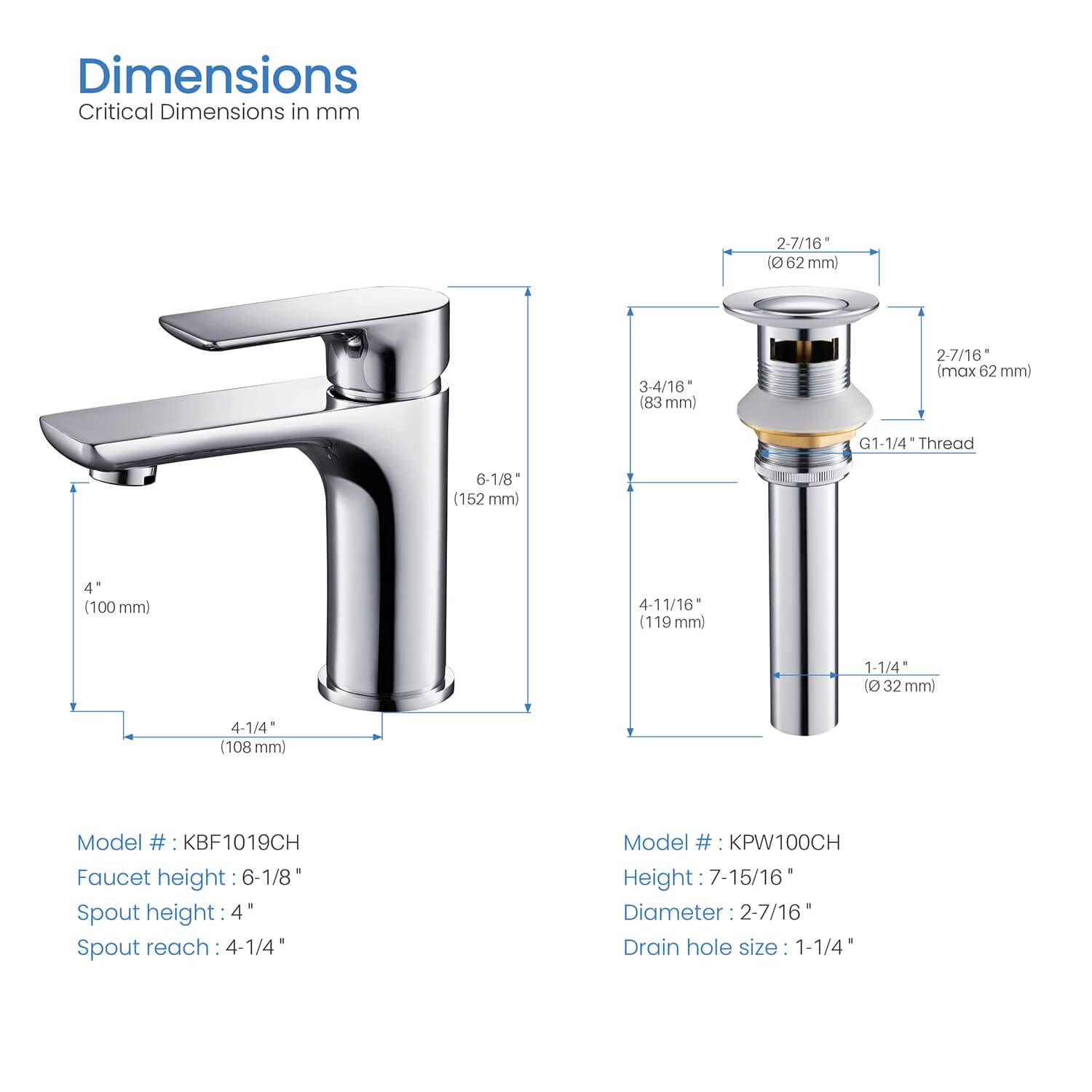 KIBI Single Handle Tender Faucet for Bathroom Sink with Pop Up Drain | Solid Brass High Arc Faucet Spout (Chrome) (KBF1019)