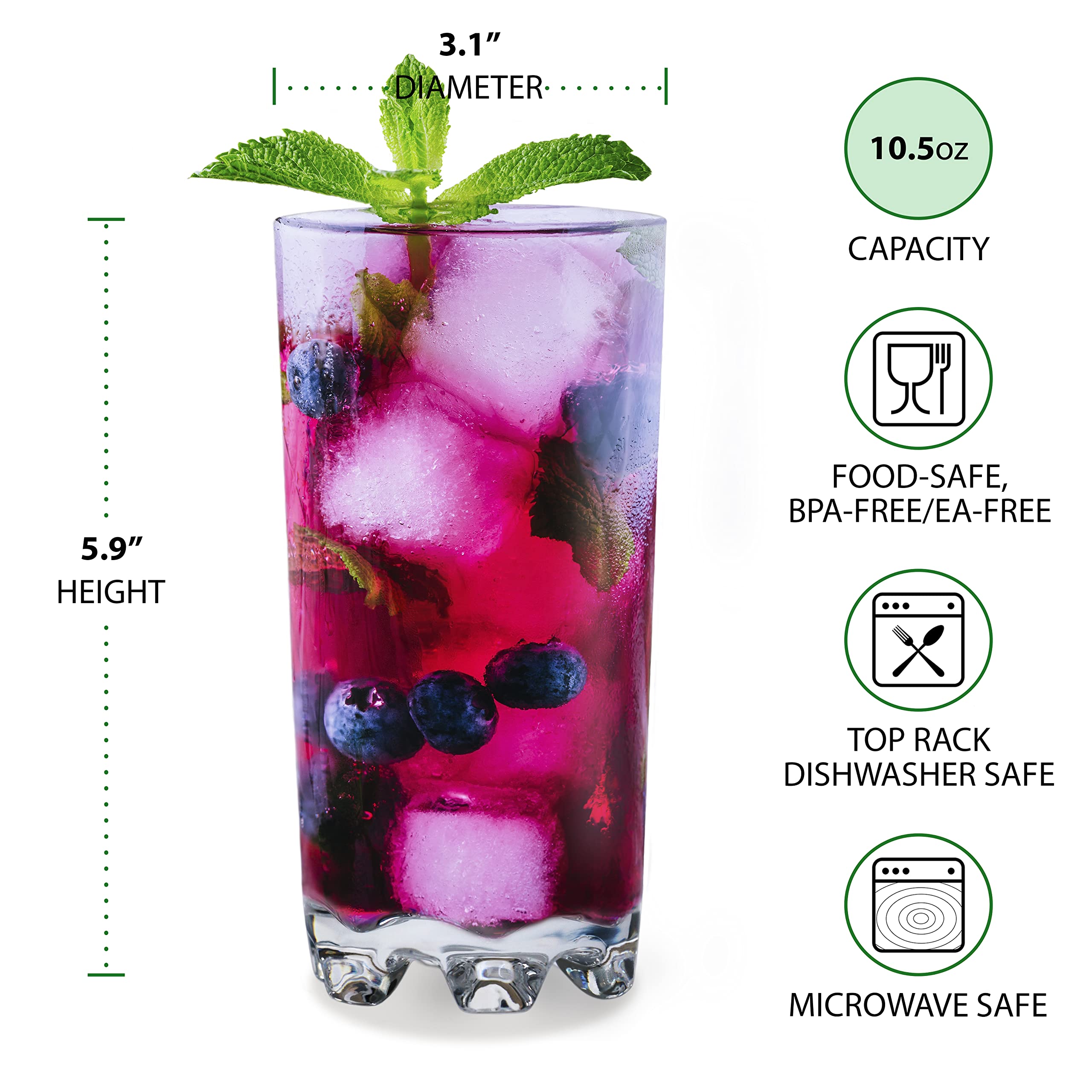 Bravario Unbreakable Plastic Drinking Glasses 11 oz | Dishwasher Safe Shatterproof 100% Tritan Water Tumblers | BPA Free Reusable Outdoor Highball Drinkware | Set of 4