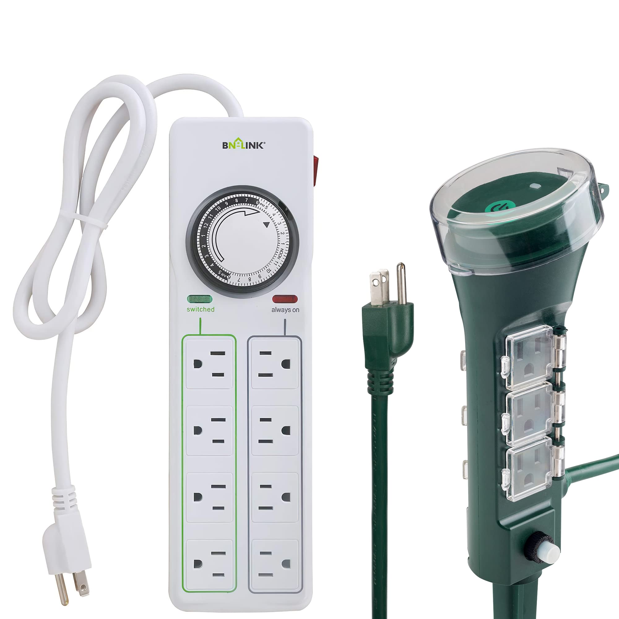 BN-LINK 8 Outlet Surge Protector with Mechanical Timer (4 Outlets Timed, 4 Outlets Always On) / BN-LINK Outdoor Power Stake with 6 Outlets, 6ft Long Cord Power Strip for Yard
