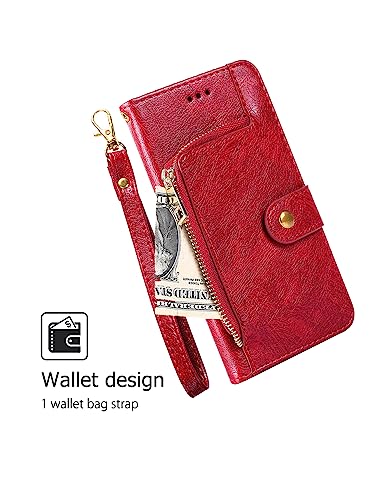 Arseaiy Case for OnePlus Nord N20 5G Flip Phone Case PU Leather Zipper Pocket Wallet Case Cover with Card Holder Kickstand Shell Red