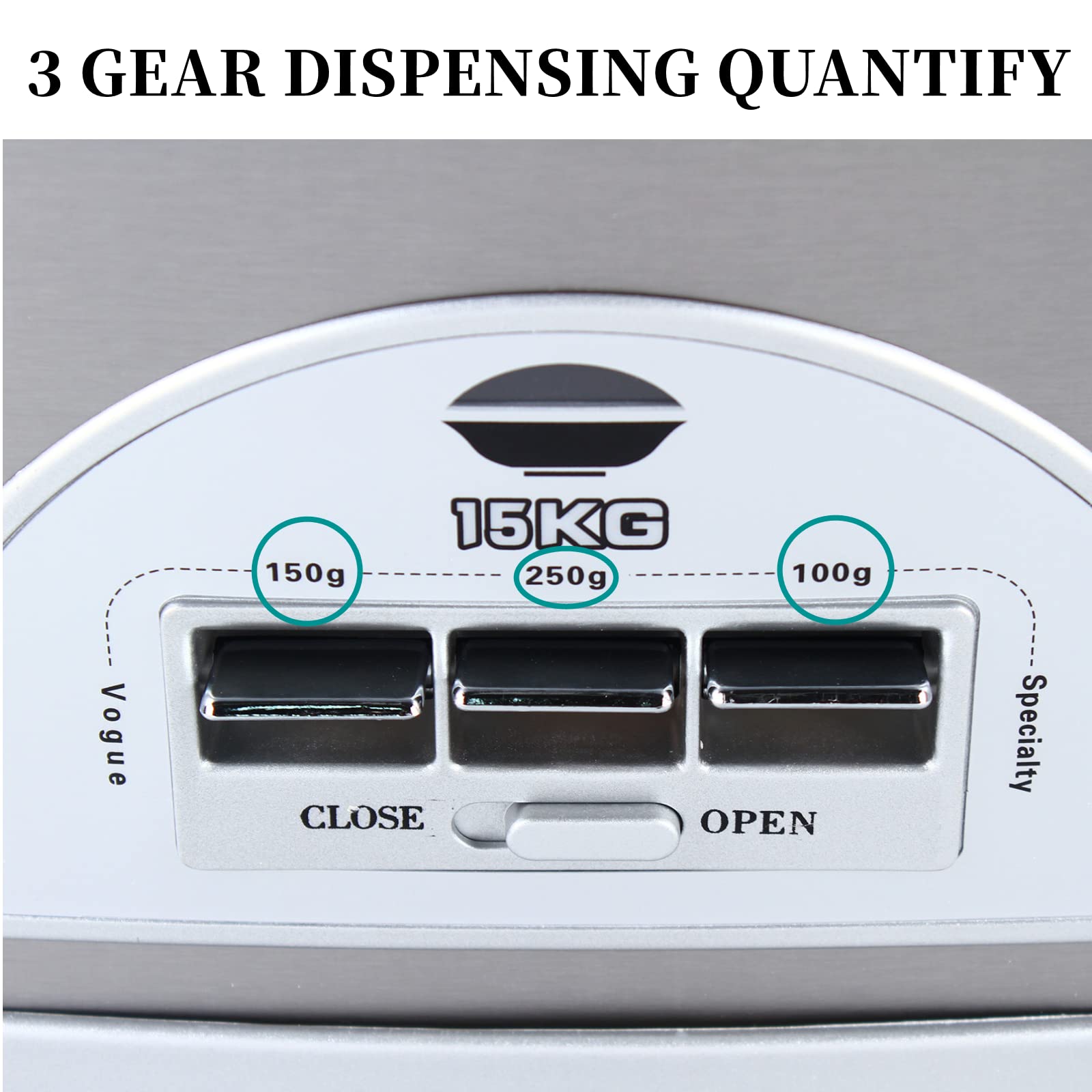 Auto Rice Dispenser, 15kg/33lb Capacity Rice Storage Container Stainless Steel+ABS Large Grain Dispenser 100g/150g/250g Automatic Rice Dispenser for Small Grains, Beans, Rice (Rice not included)