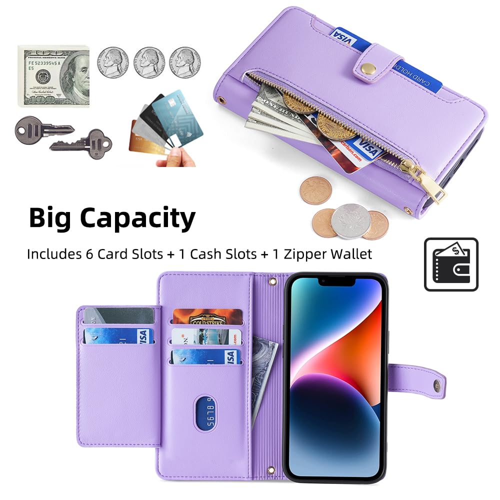 Arseaiy Wallet Case for iPhone 15 Pro Max Flip Phone Case with Adjustable Crossbody Strap Magnetic Handbag Zipper Pocket Cases PU Leather Shockproof Cover with Kickstand Phone Shell Purple