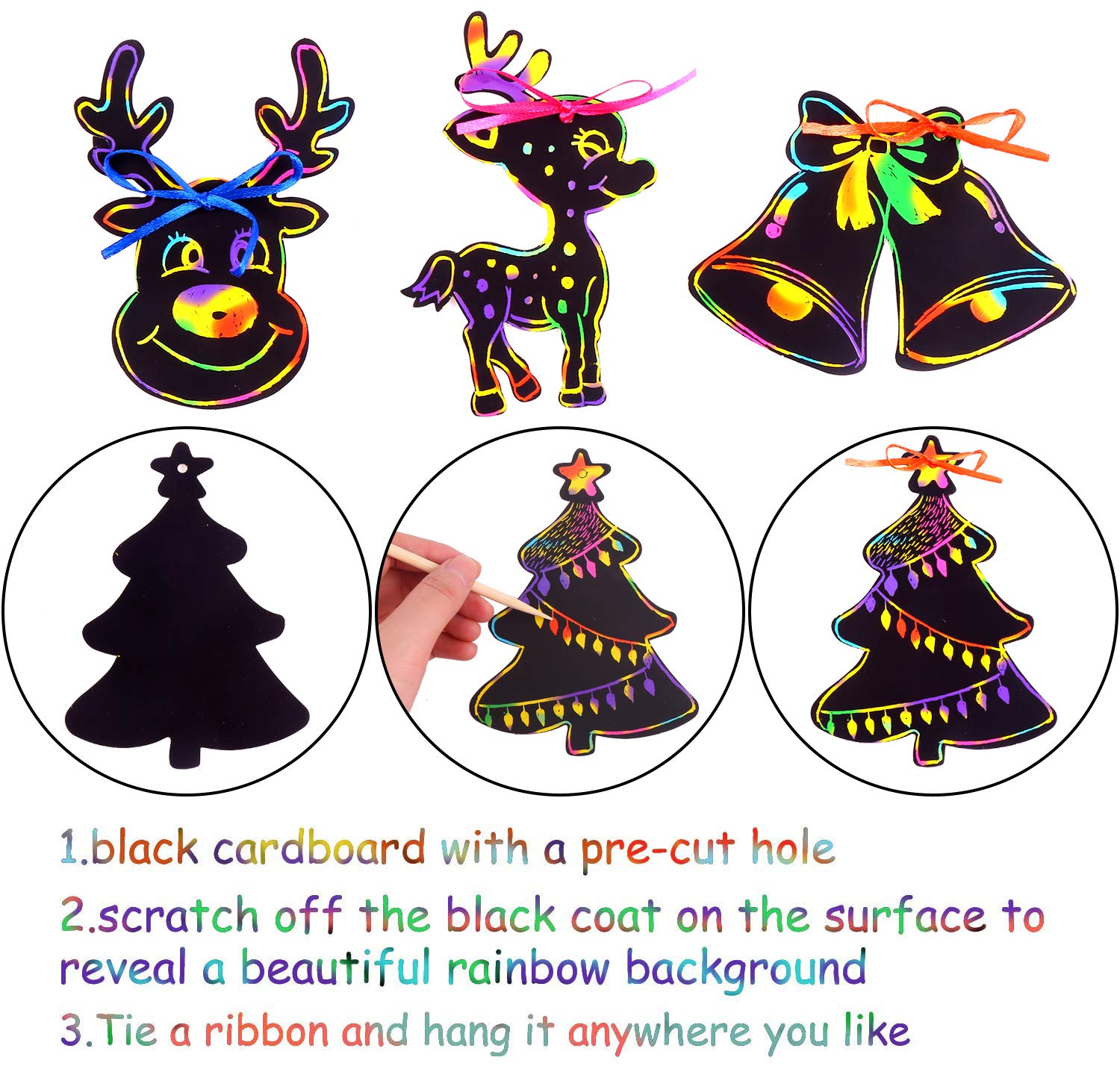 DIYASY Christmas Scratch Art Paper,48 Pcs Crafts Kits Magic Rainbow Scratch Cards for Xmas Tree Ornaments and Kids Birthday Decoration