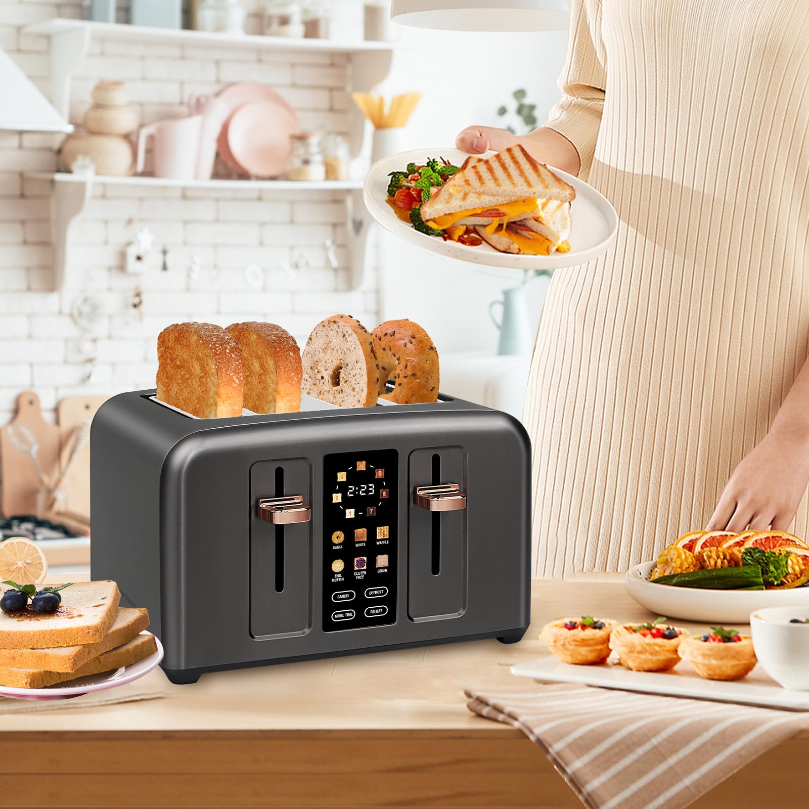 SEEDEEM Toaster 4 Slice, Full Touch control Toaster, LCD Display, 6 Bread Type, 7 Shade Settings, 1.4''Wide Slots,More Time Function, Removable Crumb Tray, 1800W, Dark Metallic