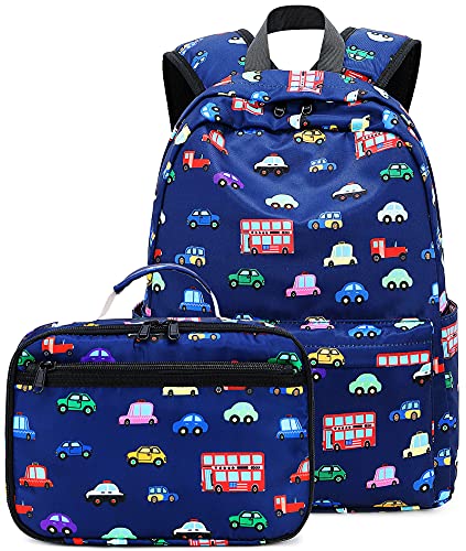 CAMTOP Backpack for Kids Boys Preschool Backpack with Lunch Box Toddler Kindergarten School Bookbag Set (Y057-2 Navy Blue/Car)