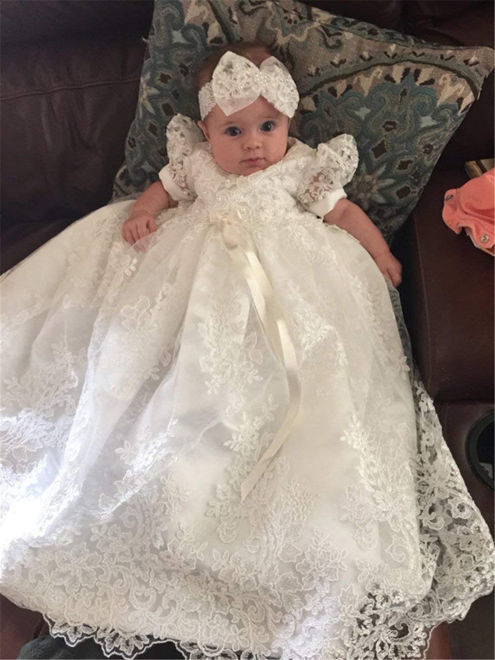 Newdeve Baby-Girls Lace Beads Infant Toddler White Christening Gowns Long (9-12 Months, Ivory)