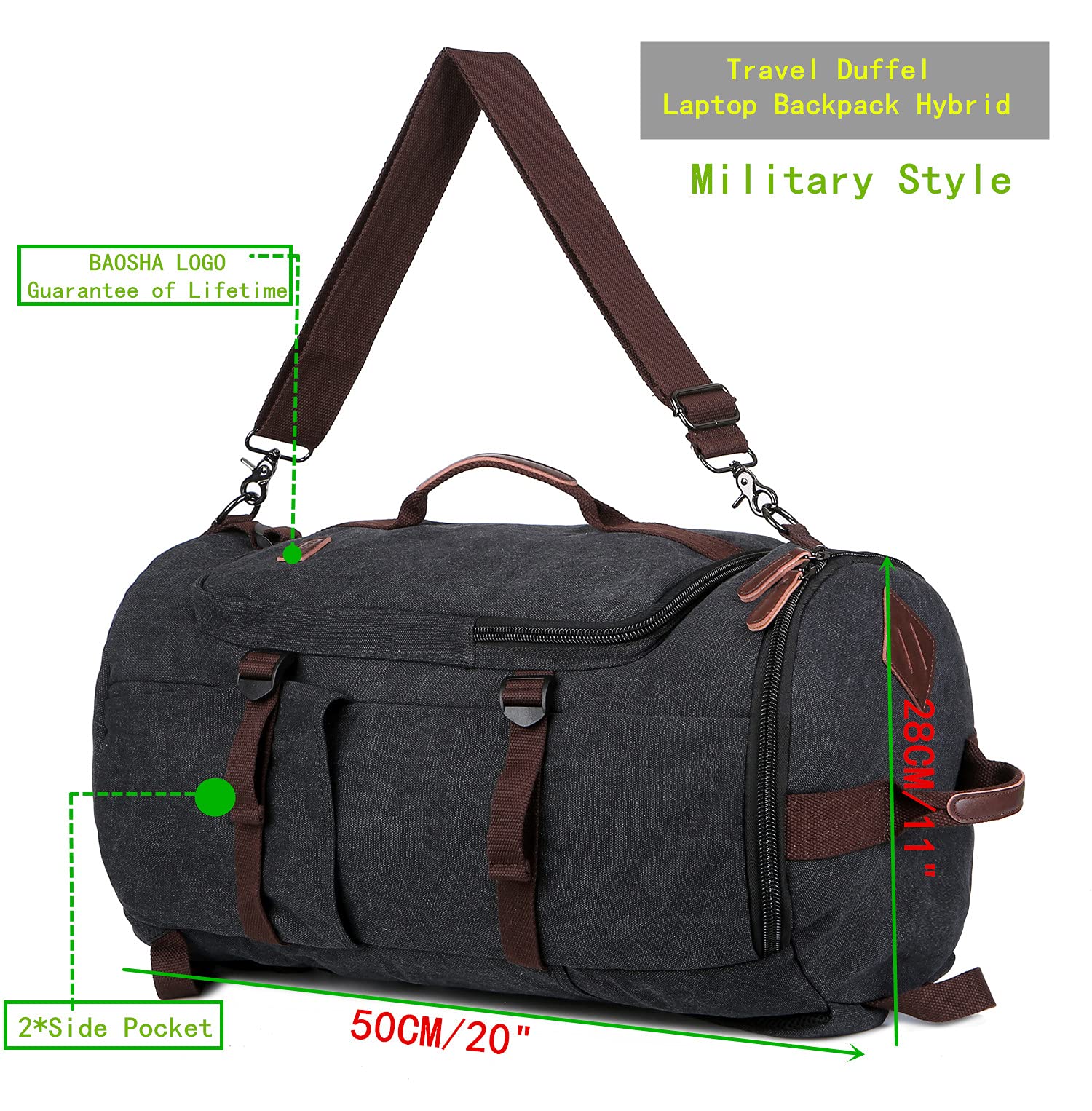 BAOSHA Canvas Weekender Travel Duffel Backpack Hybrid Hiking Rucksack Laptop Backpack for Outdoor Sports Gym HB-26(Black)