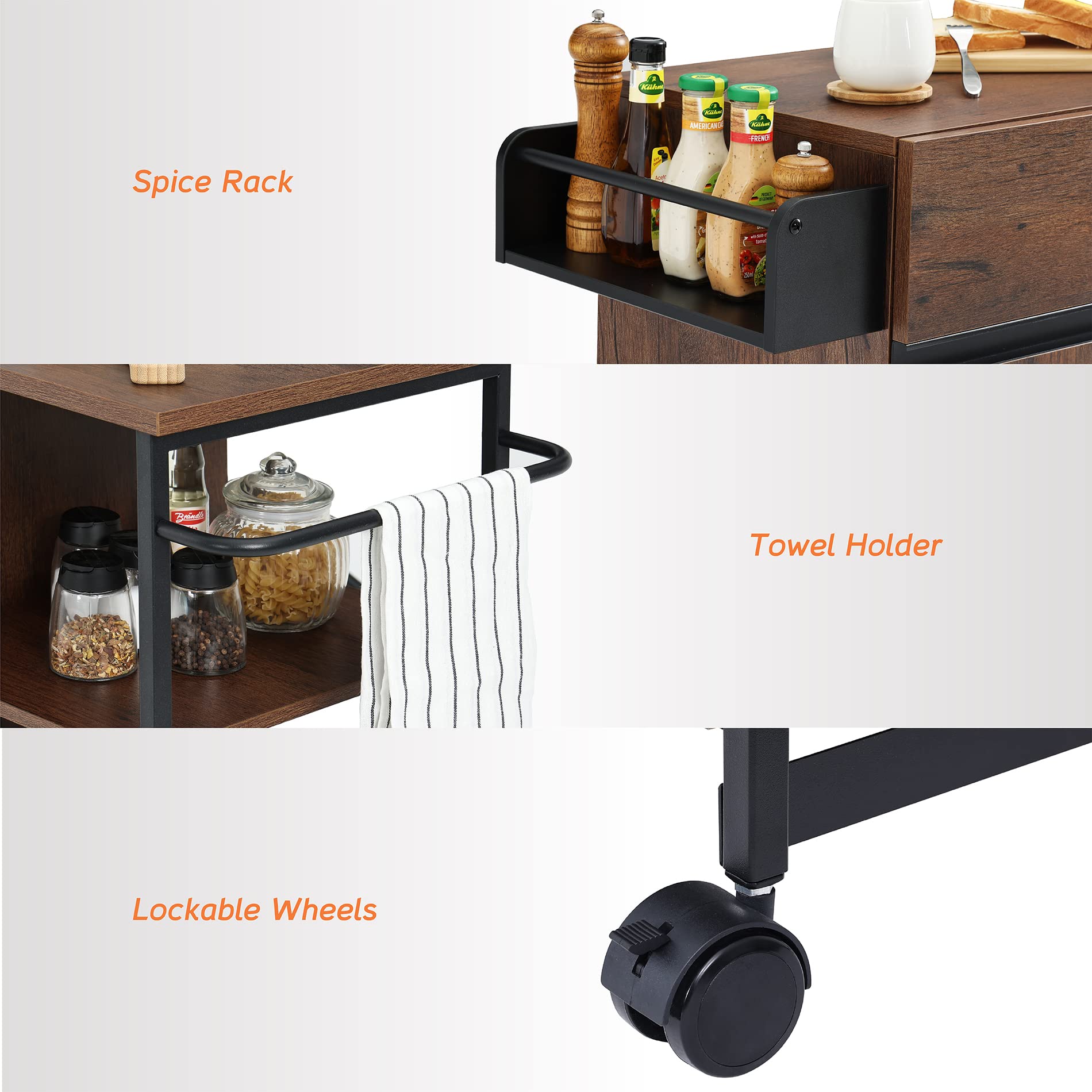 WAMPAT Kitchen Island with Open Shelf,Rolling Cart with Spice and Towel Rack for Small Space