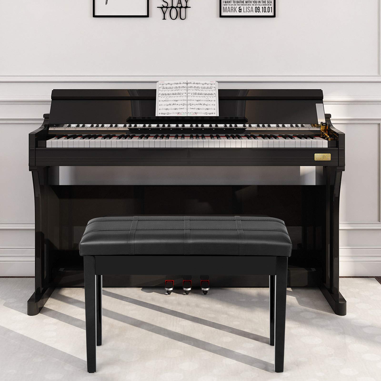 GOFLAME Piano Bench with Padded Cushion and Music Storage, Comfortable Double Duet Seat with PU Leather and Wooden Legs, Perfect for Professional or Home Use (Black)