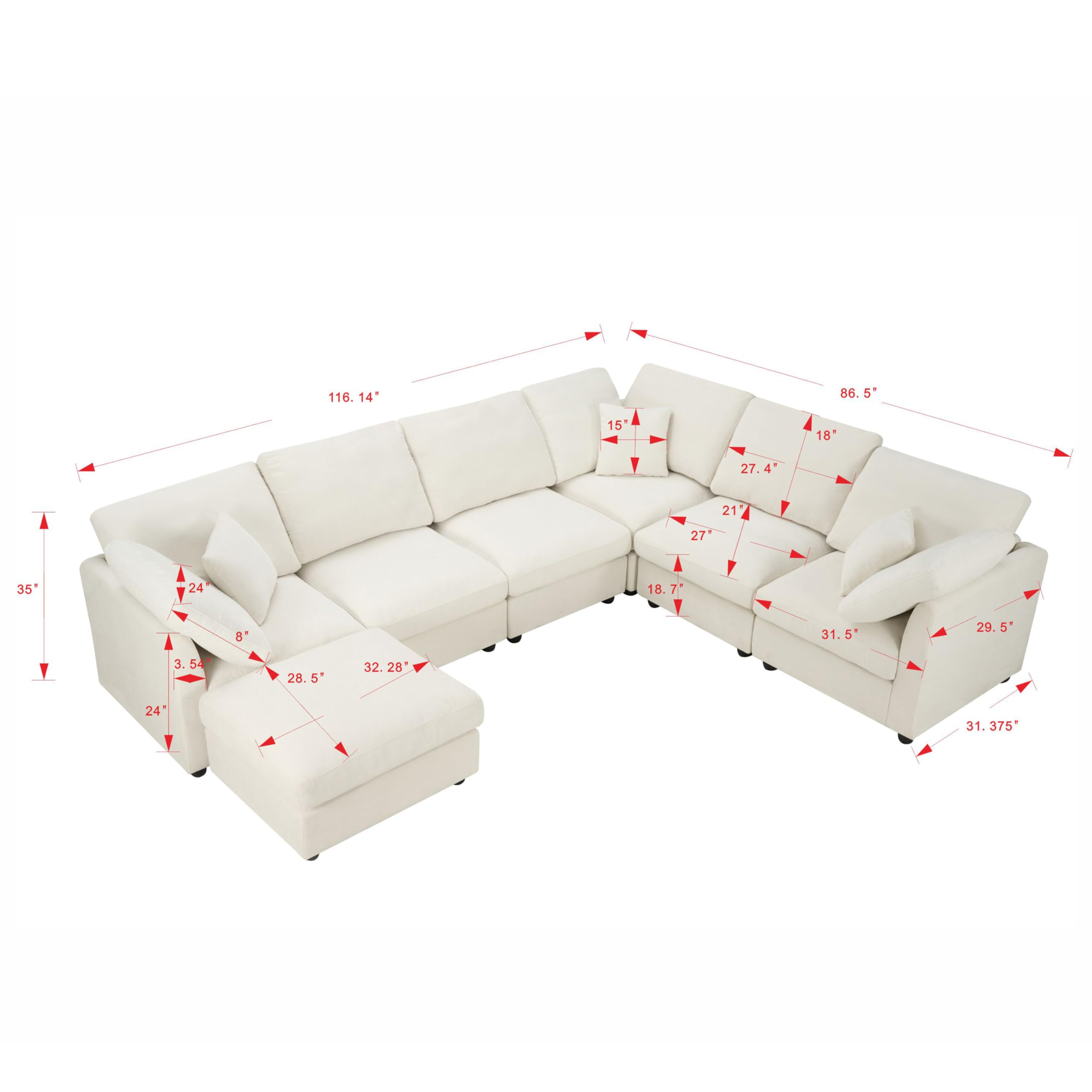 Oversized Modular Cushions Sectional Sofa Couch with Movable Ottoman ,L-Shaped Corner Low Back Deep Seater Sectional & Couch for Home Office Apartment Living Room Furniture Sets, Spacious Space Sofá