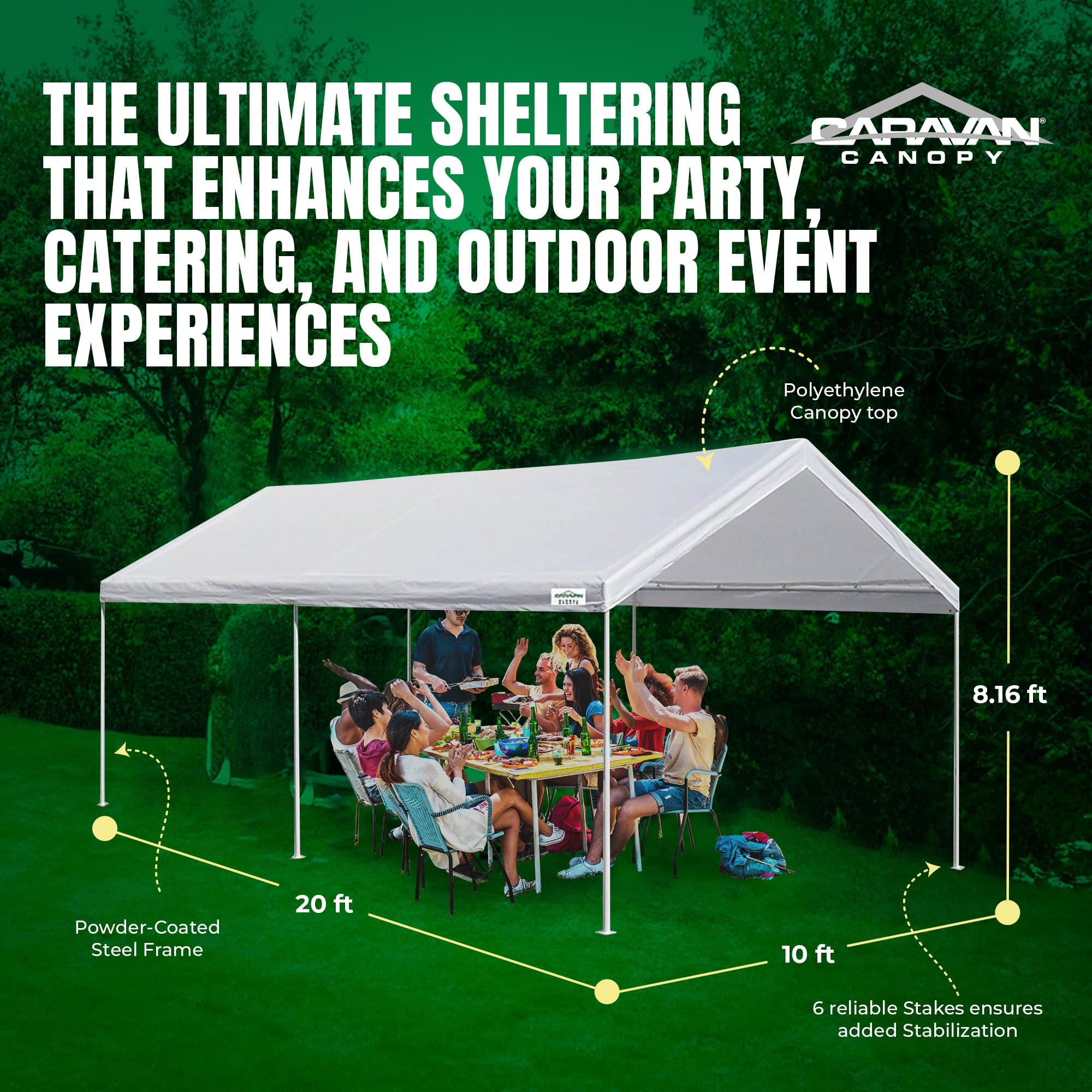 Caravan Canopy Powder Coated Heavy Duty Steel Frame Pop Up Carport with 6 Steel Stakes for Outdoor Activities and Events, White