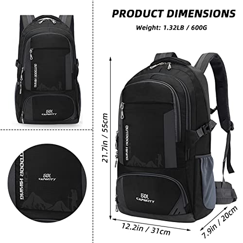 Brecirh 60L Waterproof Hiking Backpack, Lightweight Camping Backpac, Travel Backpack for Women Men Climbing Camping Outdoor (Black)