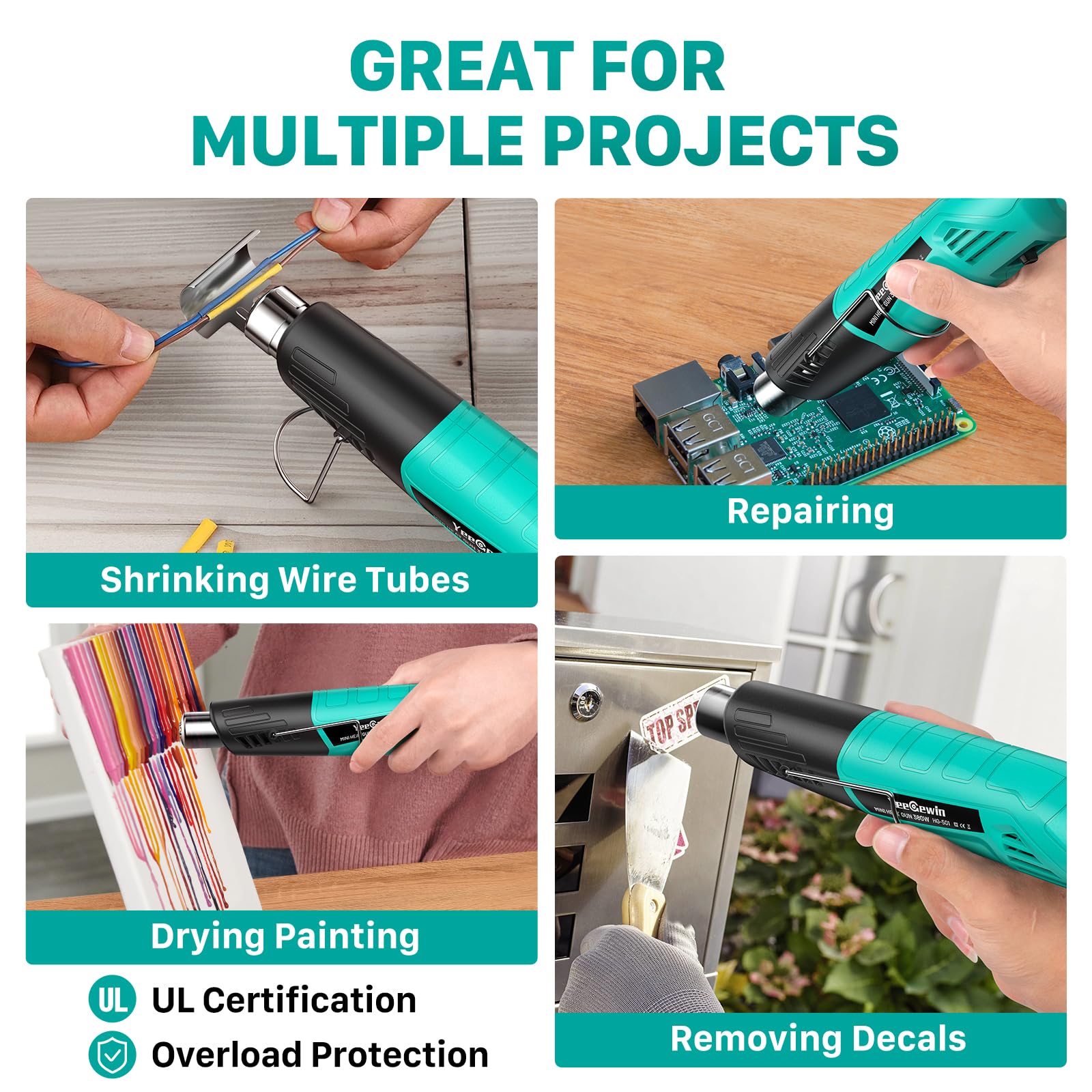 Yeegewin Heat Gun, 380W Fast Heat Mini Hot Air Gun with 2-Temp Settings 480°F~850°F(249°C-455°C) Overheat Protection Reflector Nozzle, 4.9Ft Long Cable for Shrink Wrap,Vinyl, Crafts, Epoxy Resin