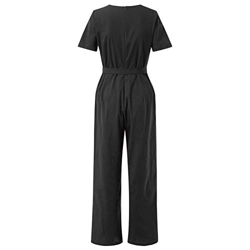 Bravetoshop Womens V Neck Wrap Short Sleeve Jumpsuits Casual Solid Color Belted Wide Leg Jumpsuit Romper with Pockets (Black,M)