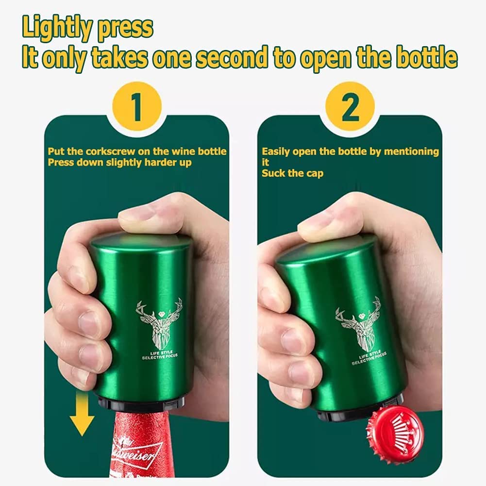 Beer Automatic Bottle Opener, Magnetic Lid Catcher for Bartender Tool Fun, Lid Opener, Pushed Down Beer Opener, Spring-Loaded Bottle Openers Beer Opener (Green-2 Pcs)