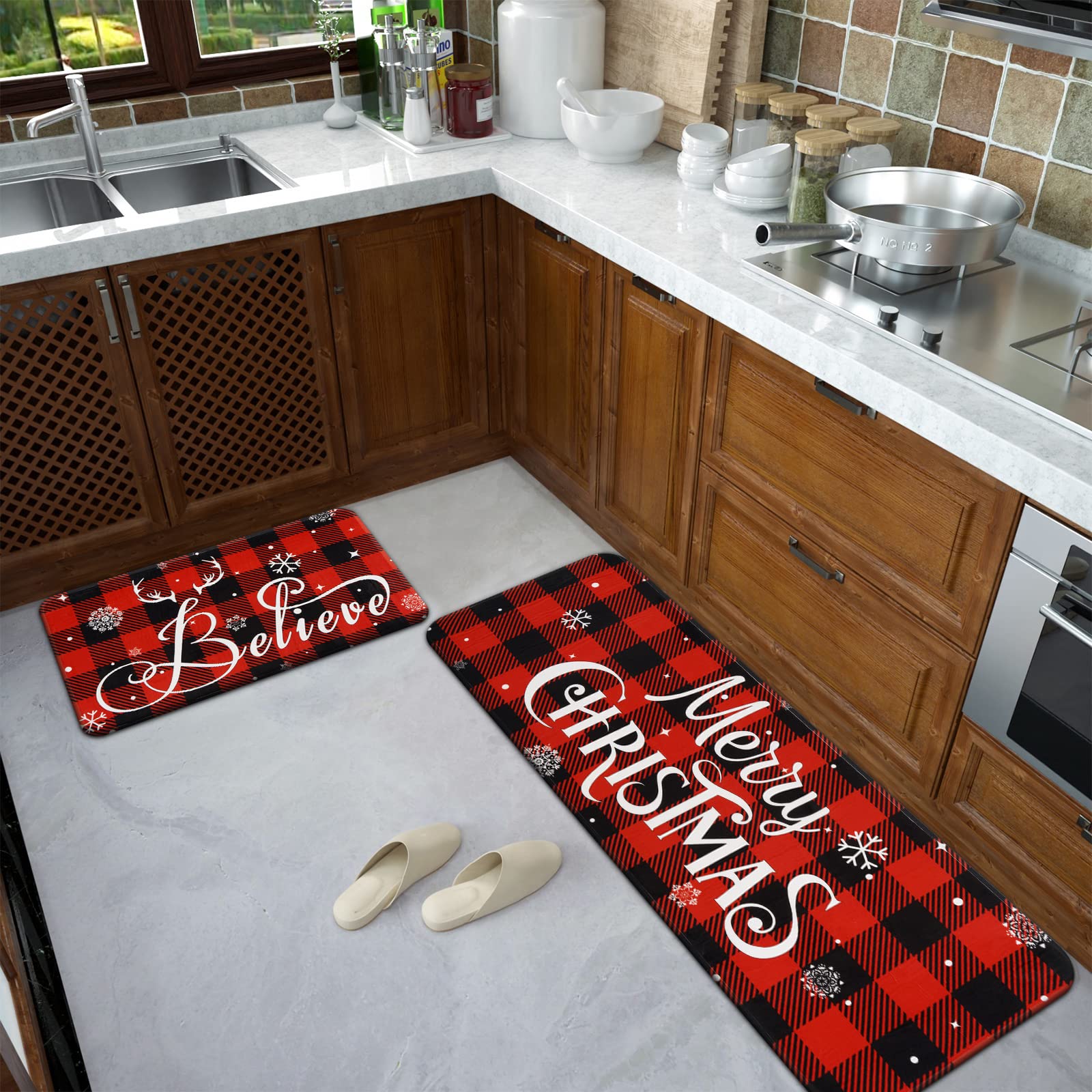 ASPMIZ 2 Pcs Christmas Buffalo Plaid Kitchen Rugs and Mats Set, Absorbent Winter Snowflake Kitchen Mat Cushioned Anti Fatigue, Xmas Decorative Area Rug Set of 2 Washable, 17'' x 47'' + 17'' x 30''