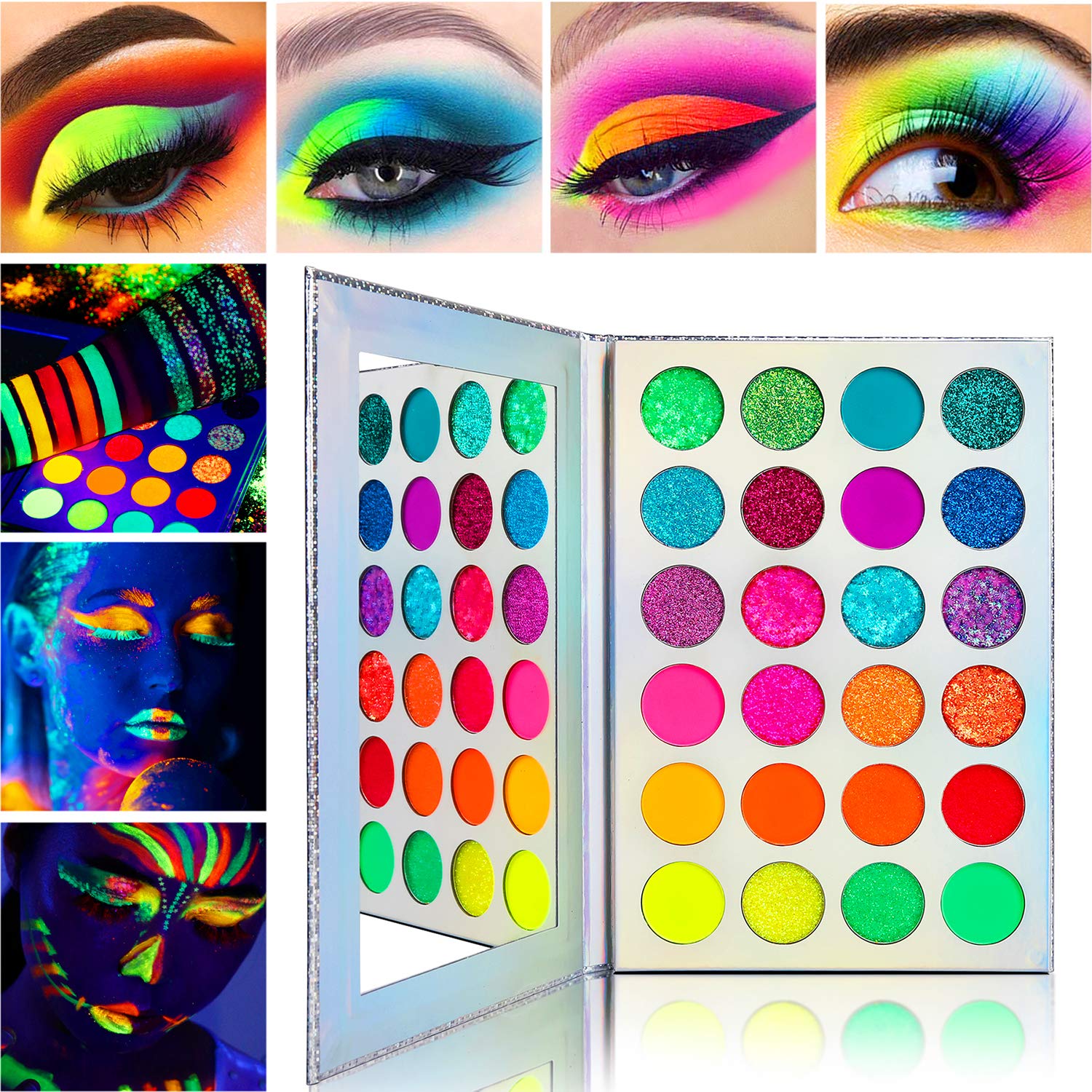BEUSELF Neon Eyeshadow Palette, 24 Colors Highly Pigmented Fluorescent Makeup Pallet Glow in the Dark, UV Glow Blacklight Matte Glitter Rainbow Eye Shadows for Luminous Carnival Party Halloween Makeup