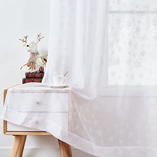 COLLACT White Sheer Curtains Snowflake Sheer Curtains for Living Room Rod Pocket Curtains for Window 84 Inch Long 2 Panel Set Modern Sheer White Curtain Set