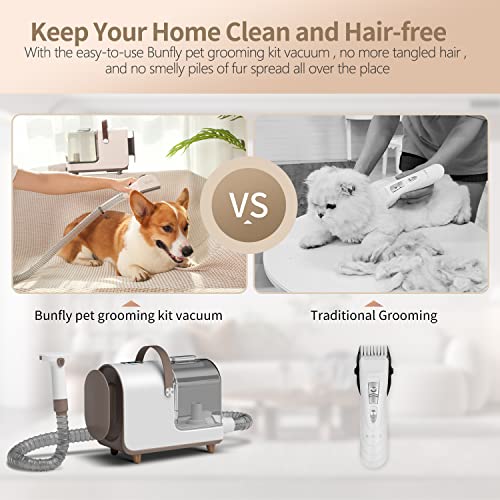 Bunfly Pet Clipper Grooming Kit & Vacuum Suction 99% Pet Hair, 7 Pet Grooming Tools, 3L Large Capacity Easy Clean Dust Cup for Pet Hair, Home Cleaning(Brown)