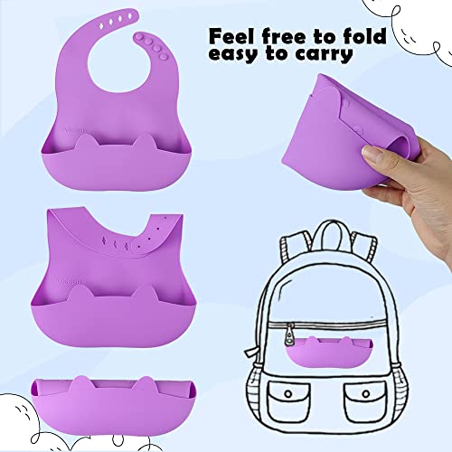 Aricsen 3 Pack Silicone Baby Bibs for Babies & Toddlers (6-72 Months), Adjustable Fit Waterproof Feeding Bibs, Easy Wipe Clean, Soft, Unisex, with Pouch, Non Messy Babies Boys Girls (3 Colors)