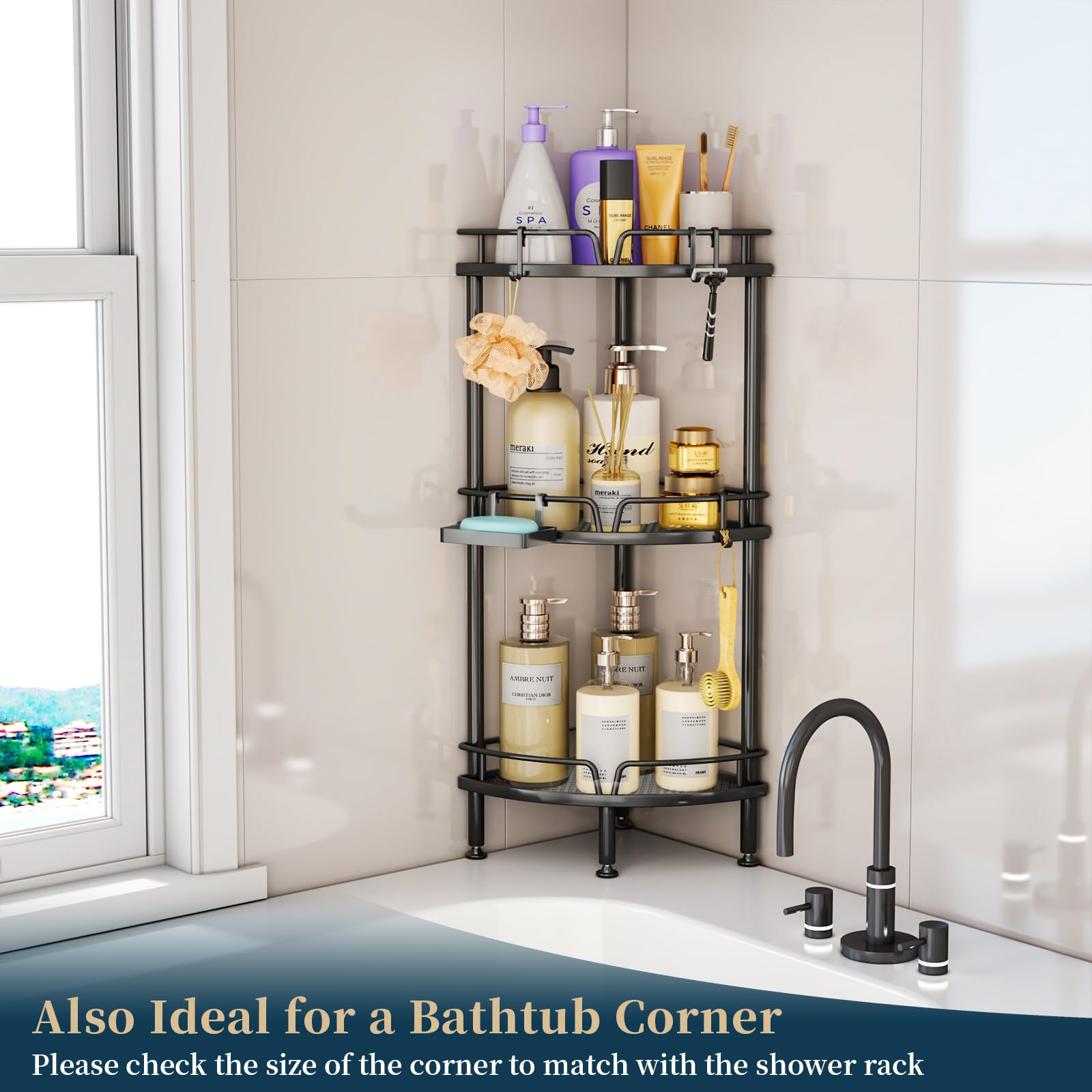 Consumest Corner Shower Caddy Stand - 3 Tier Shower Organizer with Soap Holder, Standing Tall Floor Shower Stand with Adjustable Feet & 4 Hooks, Shower Shelf Rack Storage for Bathroom Black