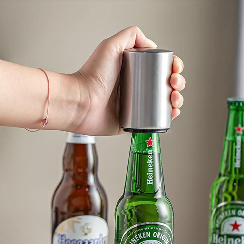 Beer Bottle Opener, Magnetic Automatic Stainless Steel Push Down Opener, No Cap Can Escape, Quick Open Cap for Kitchen Home Bar Restaurant Household Utensils