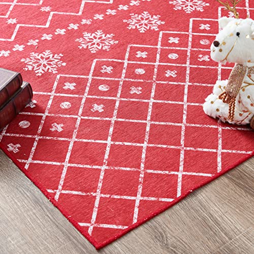 COLLACT Christmas Rug Red Area Rug 3x5 Kitchen Rug Entryway Snowflake Modern Rug Foldable Thin Rug Christmas Decor Diamond Floor Cover Geometric Accent Rug Indoor Bathroom Carpet Living Room Bedroom