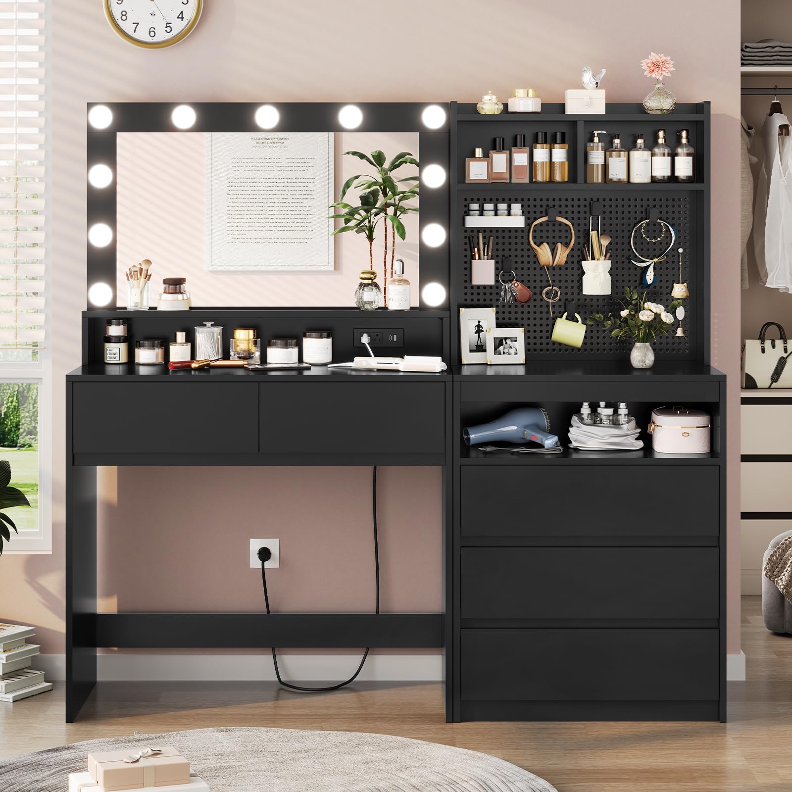 BTHFST Large Vanity Desk with Mirror and Lights & Charging Station, Makeup Vanity with Hollywood Mirror & DIY Pegboard, 5 Hooks, Makeup Desk with 5 Large Drawers & Shelves, White