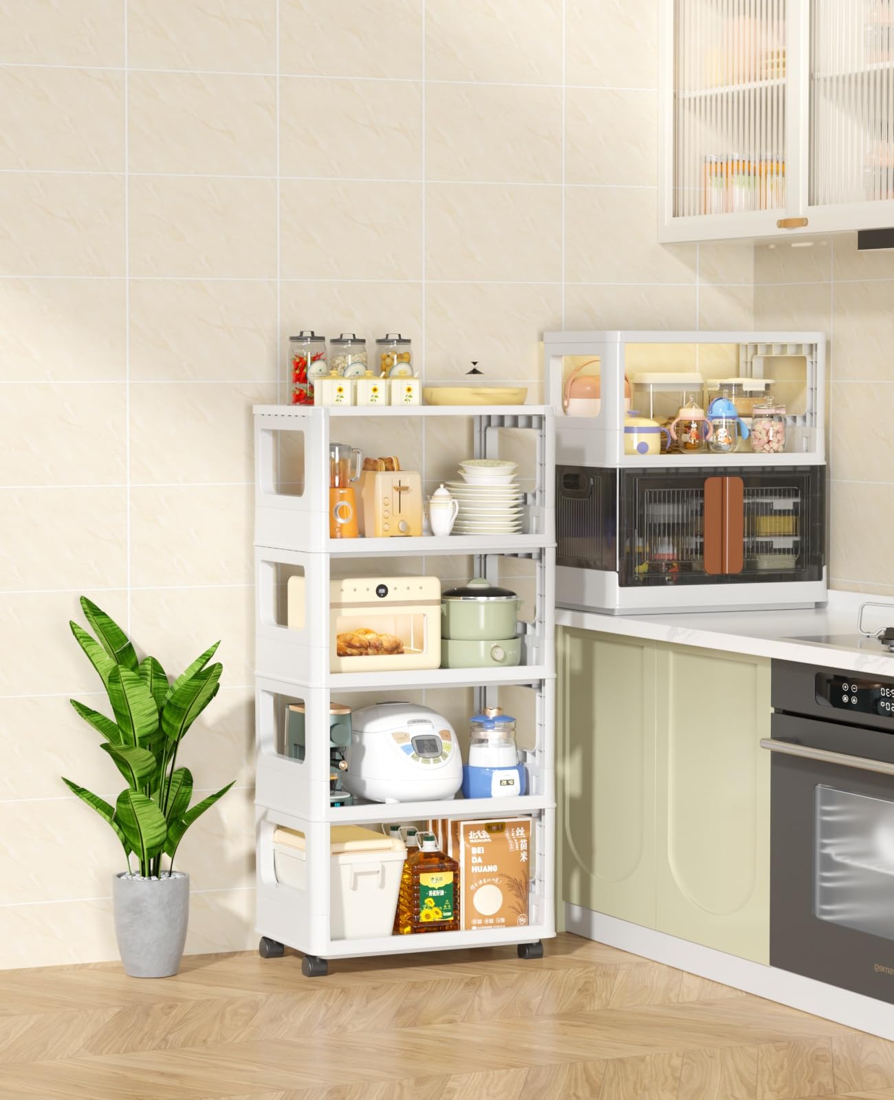 HAIXIN Storage Bin with Lid, 8.4 Gal Folding Storage Box and 5-Tier Stackable Storage Shelf