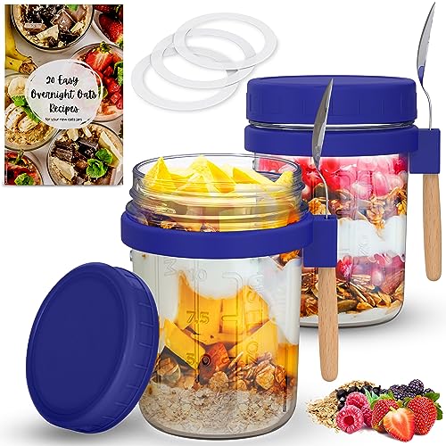 BRIZAR Glass Overnight Oats Containers with Lids - Airtight Overnight Oats Jars & Recipe Book - Overnight Oats Container for Food Storage, Oatmeal, Chia Pudding, Fruit, Yogurt - 2 Pack, 10 oz