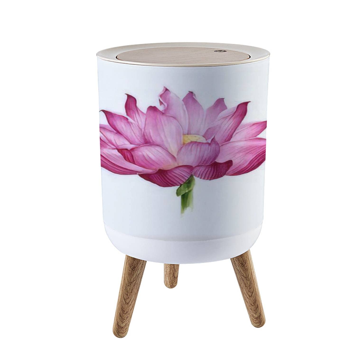 Press Cover Round Trash Bin with Legs Lotus flower in a full bloom watercolor Tender pink water lilly Push Top Trash Can with Lid Dog Proof Garbage Can Wastebasket for living room 7L/1.8 Gallon