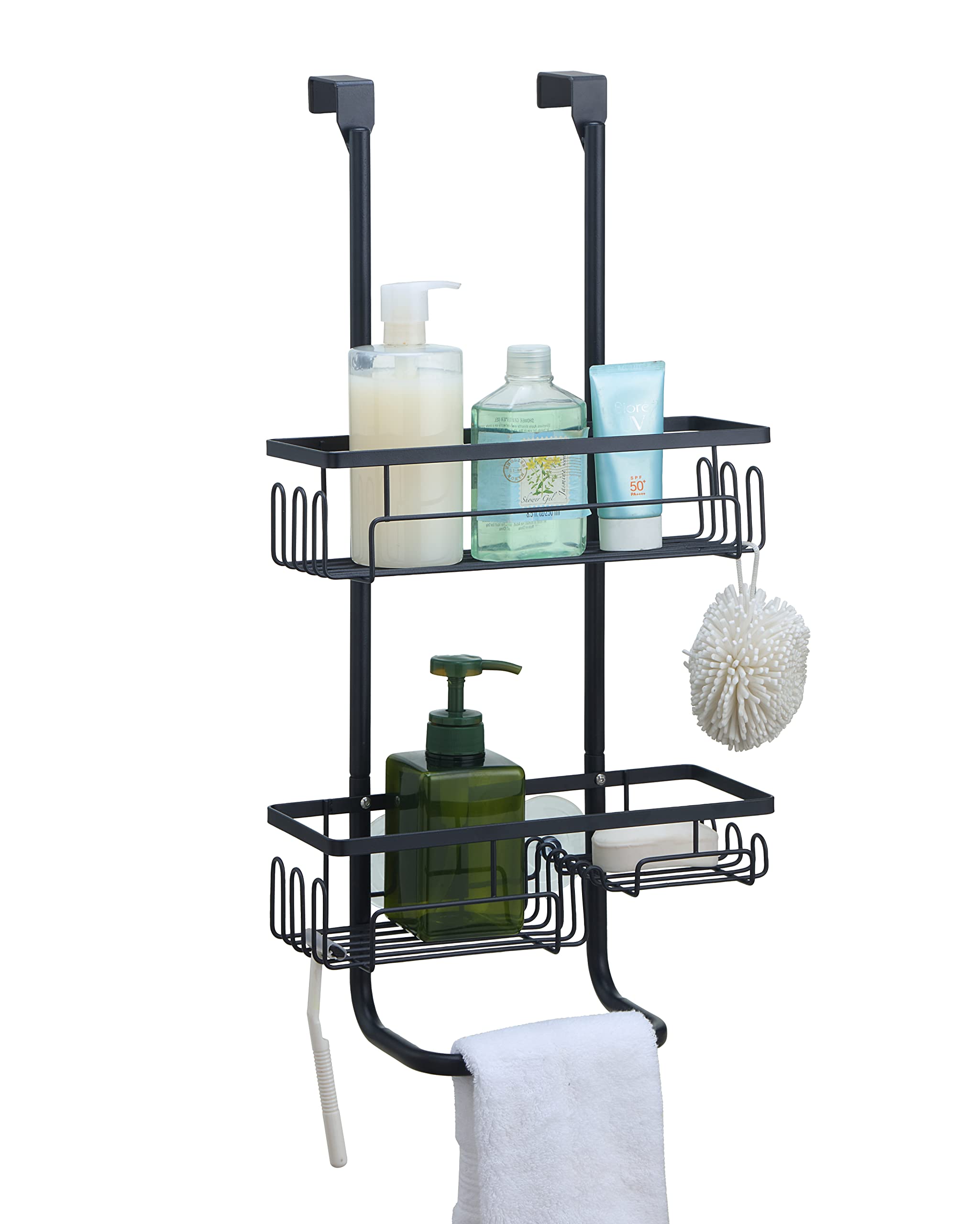 SunnyPoint Classic Metal Bathroom Shower Caddy, Over Door Hanging Storage Organizer Basket (Standard, Black)