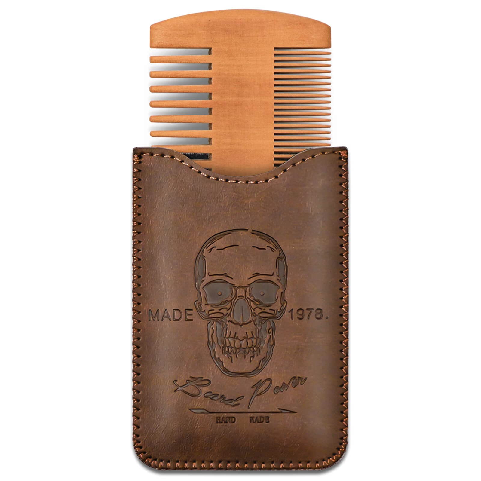 Beard Power Wooden Beard Comb & Durable Case for Men with Sexy Beard, Fine & Coarse Teeth, Pocket Comb for Beards & Mustaches,Brown Skull Design