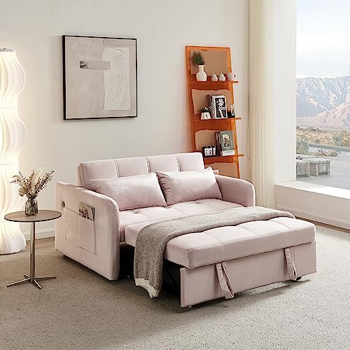 FANYE Twin XL 3-in-1 Tufted Upholstered Daybed Futon Loveseat W/Pull Out Sleeper Bed and USB Ports, 2-Seaters Sofa & Couch Soft Cushions Love Seat Convertible Size Sleep Sofabed for Living Room, Pink