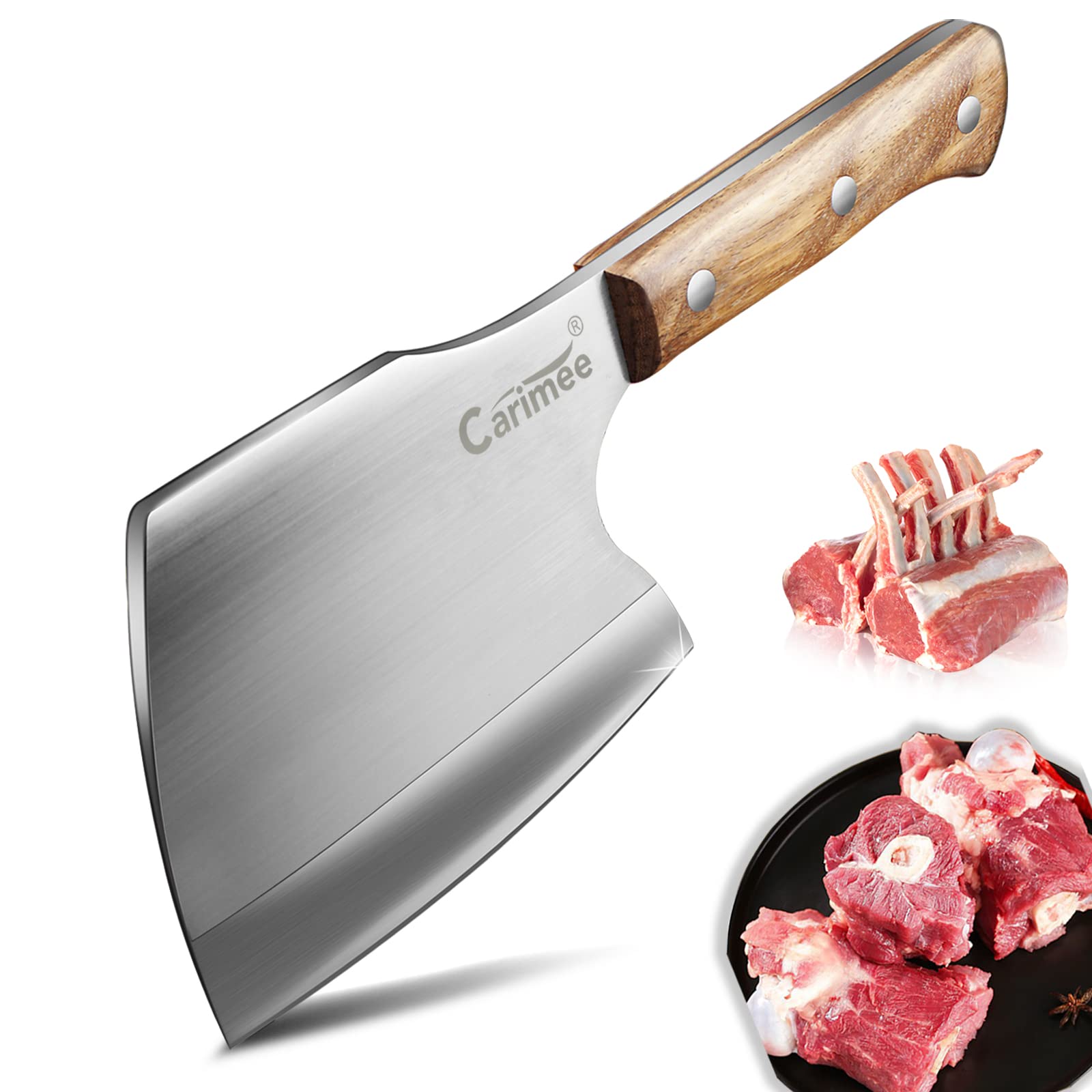 Carimee Meat Cleaver Butcher Axe Bone Knife Chopper Heavy Duty - 6.3'' Bone Cutting Knife Bone Breaker, Stainless Steel Thicken Blade & Pear Wood Handle, for Kitchen/Slaughterhouse